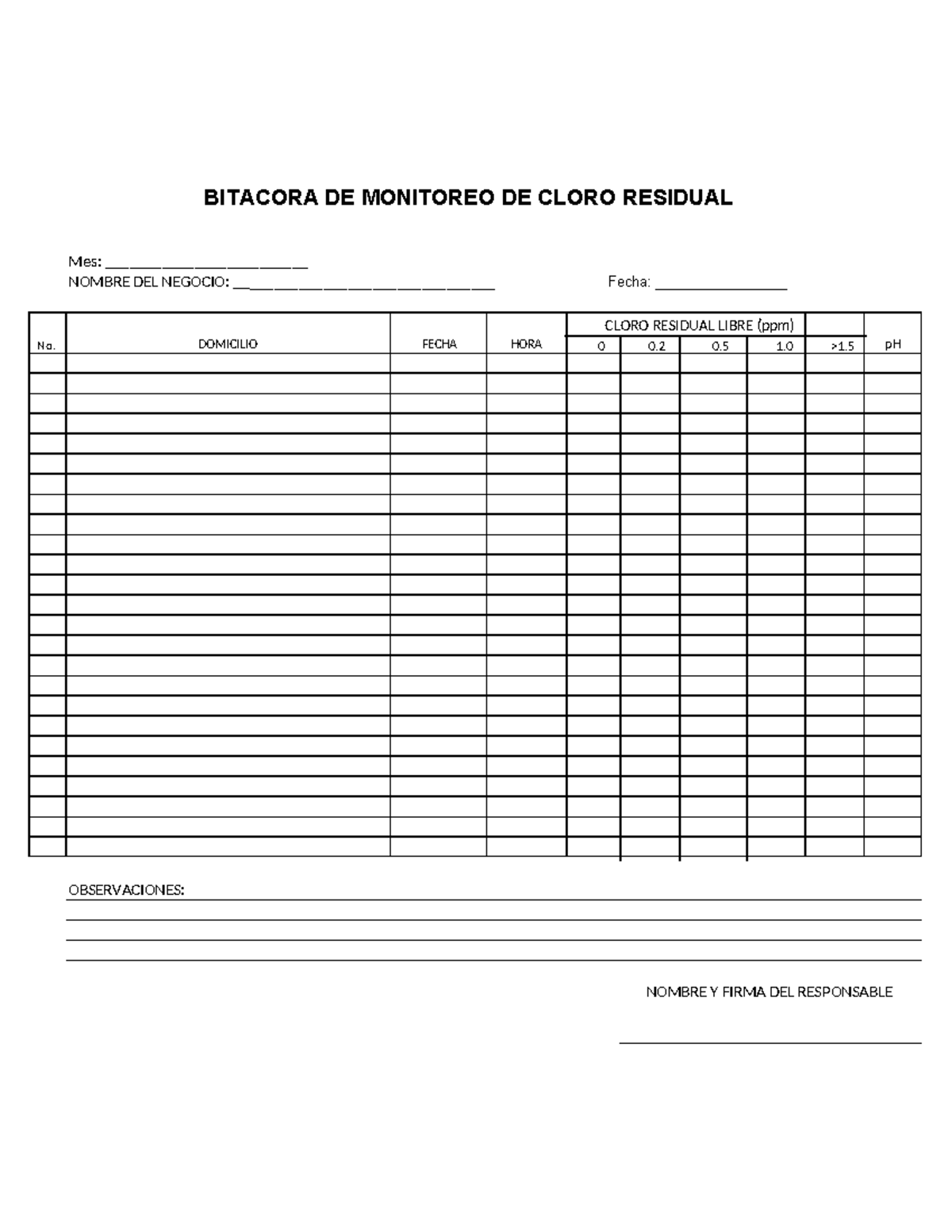 Bitácora de Monitoreo de Cloro Residual en Agua de Cisterna - Studocu