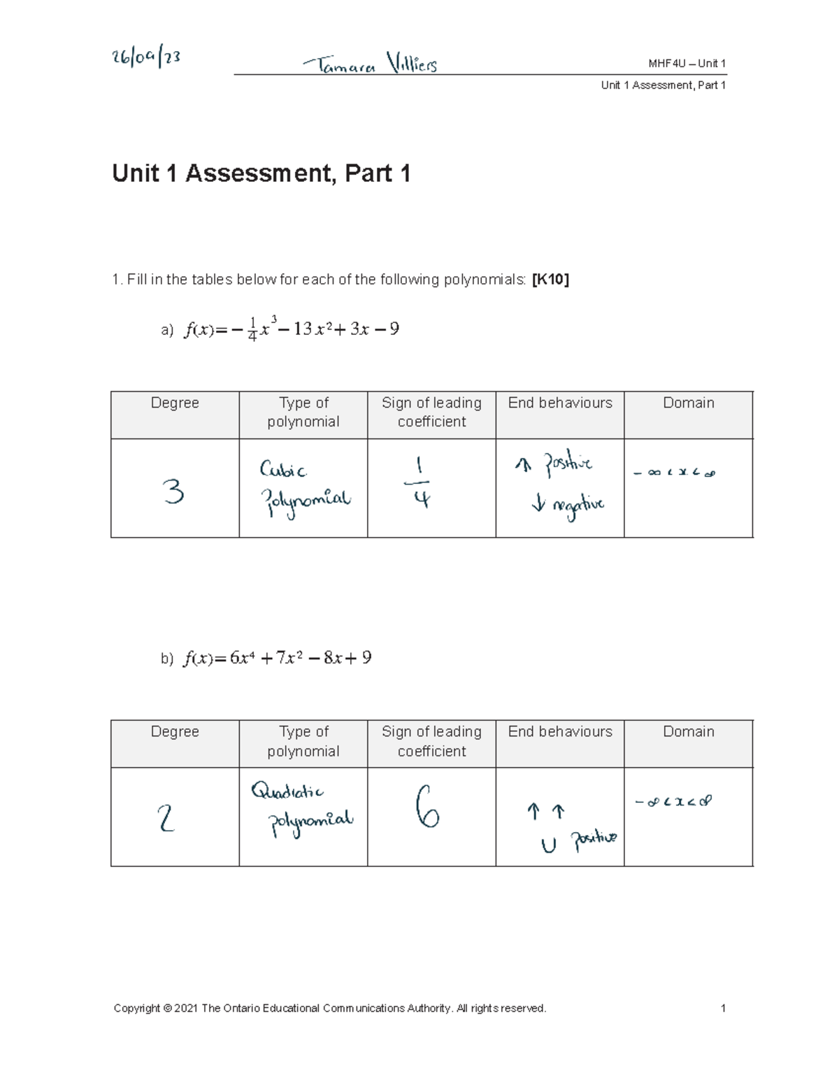 MHF4UV Unit 1 Assessment Part 1: Polynomials and Functions - Studocu