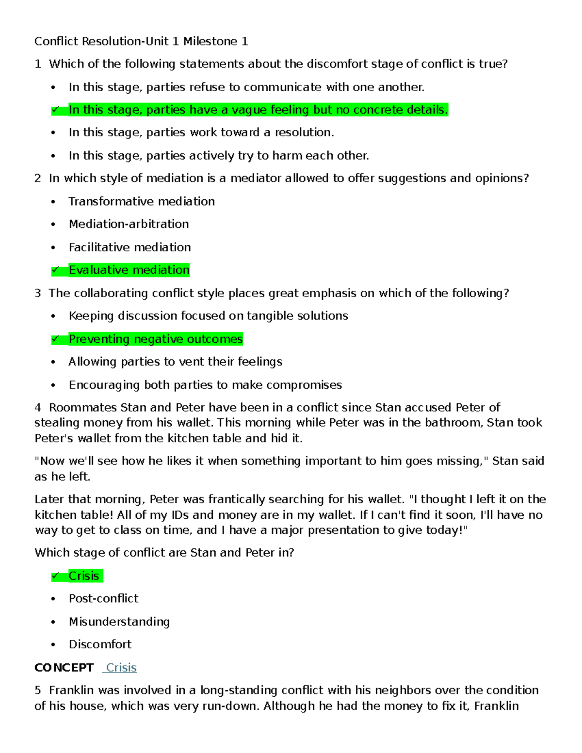 Conflict Resolution Unit 1 Milestone 1 Study Guide - Studocu