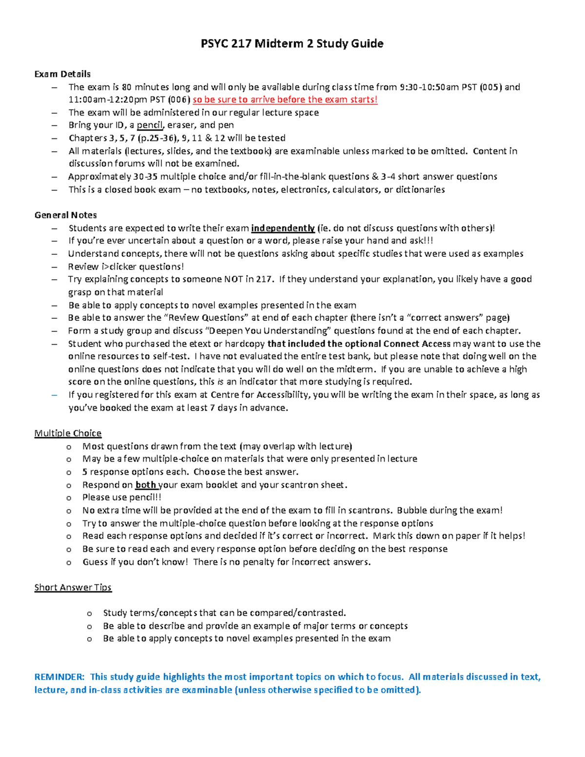 psych notes ubc - PSYC 217 Midterm 2 Study Guide Exam Details - The ...