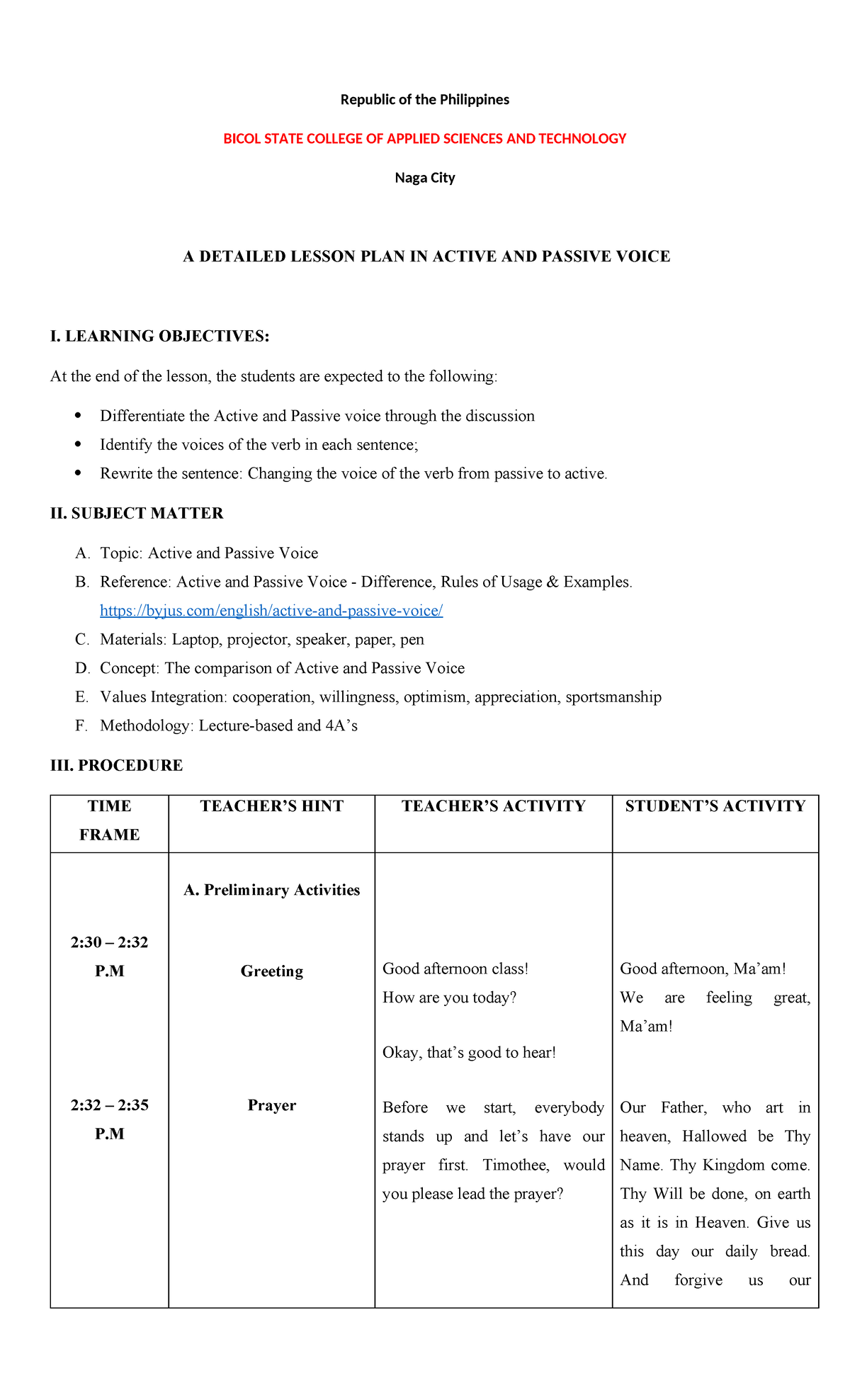 Detailed Lesson Plan: Active and Passive Voice (ENG 101) - Studocu