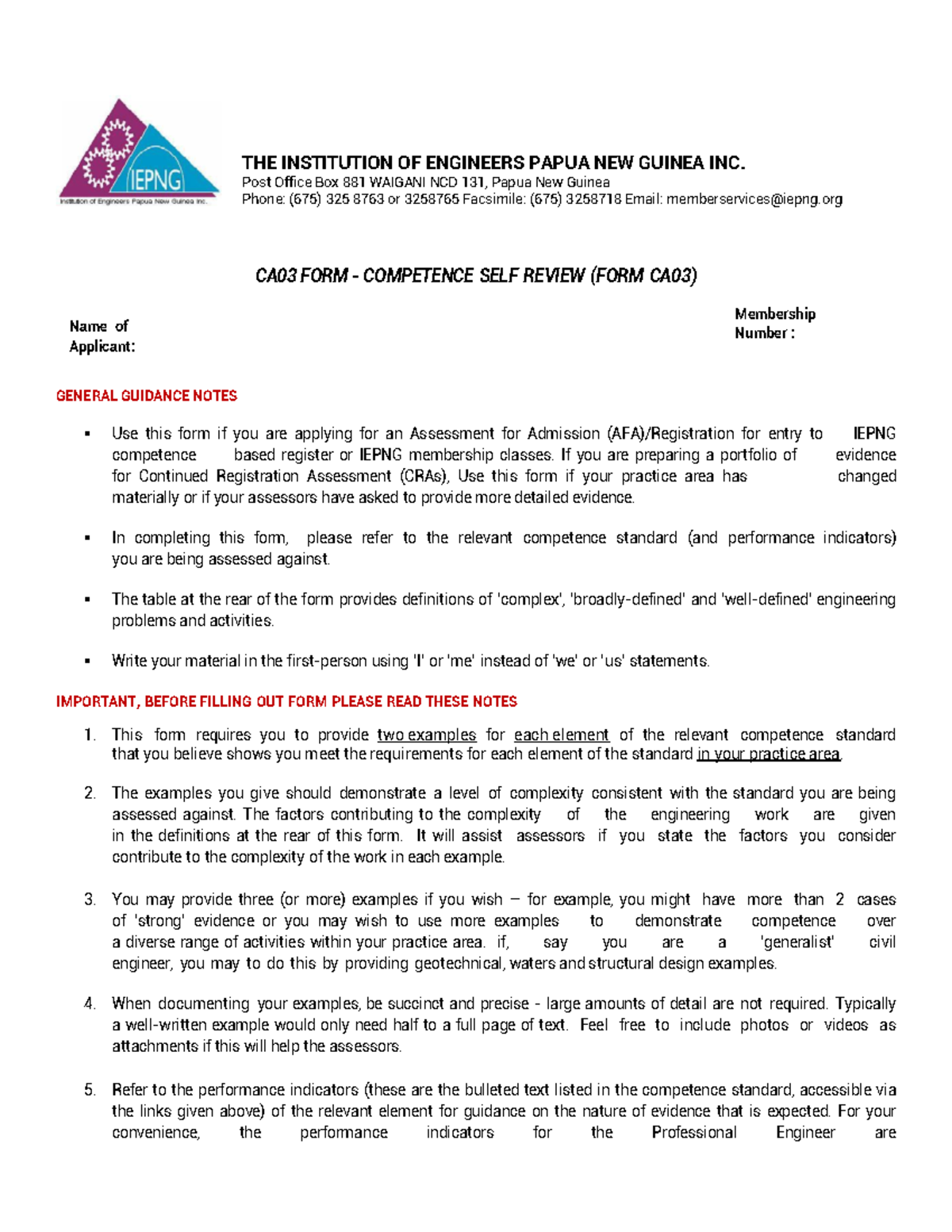 CA03 FORM - Competence Self Review for IEPNG Membership Assessment ...
