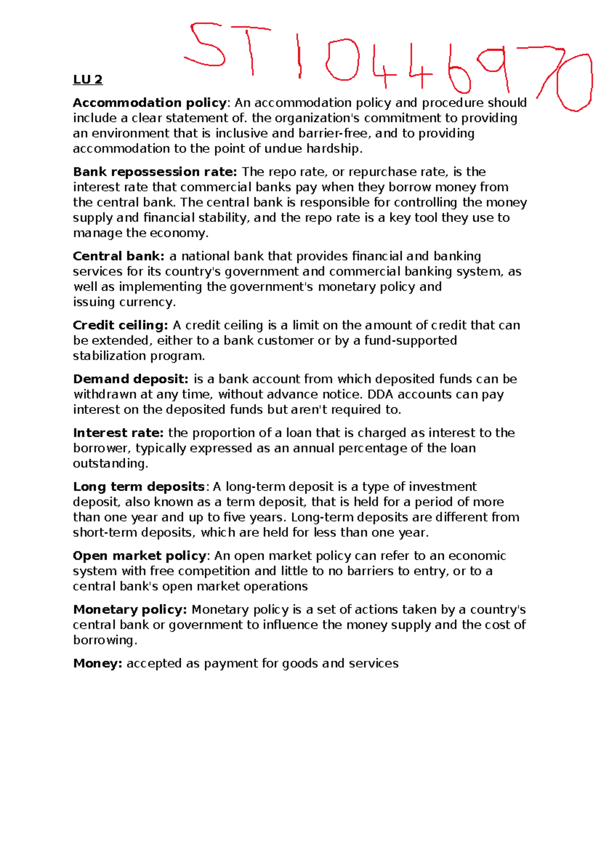LU Glossary: Key Terms in Accommodation & Monetary Policy - Studocu