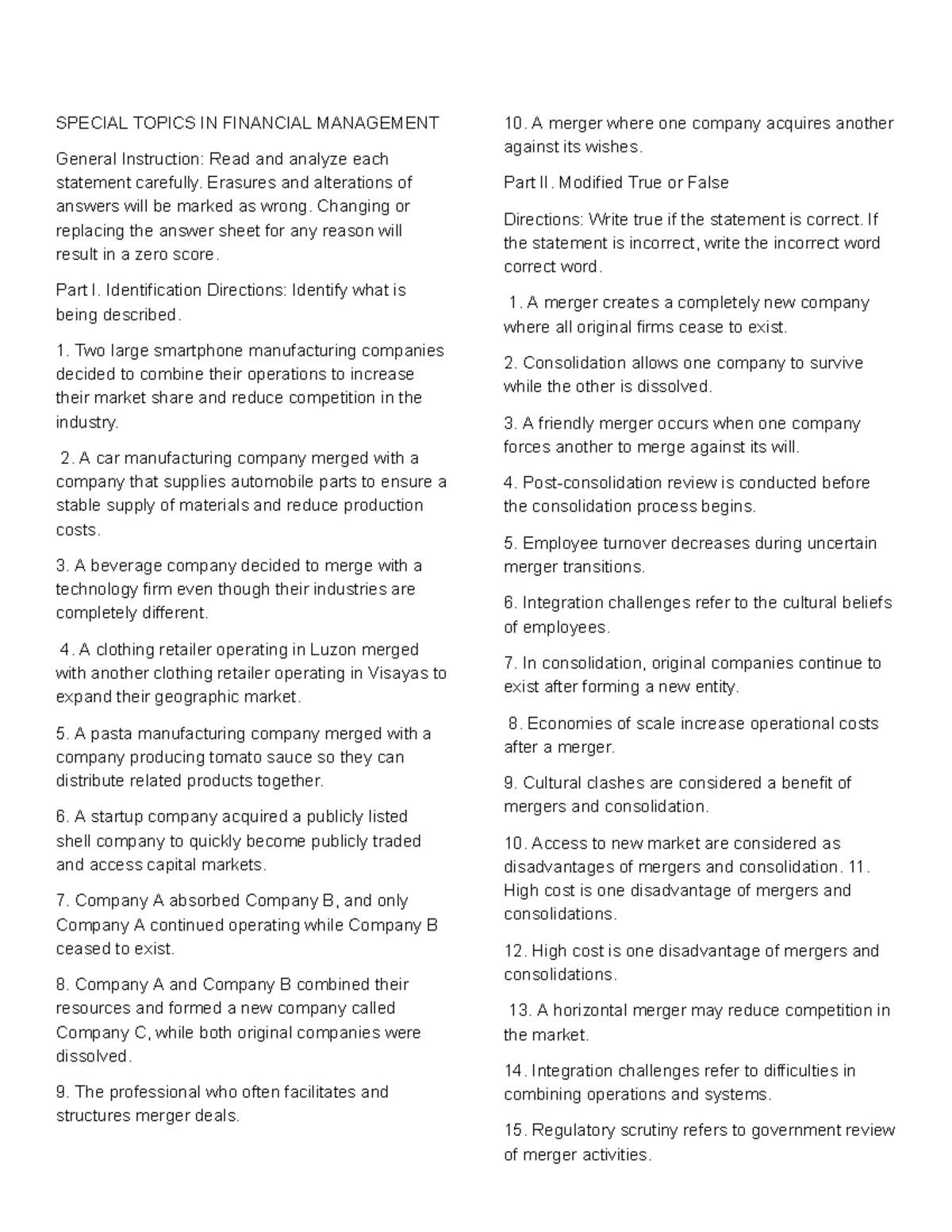 SPECIAL TOPICS IN FINANCIAL MANAGEMENT: Quiz & Analysis Guide - Studocu