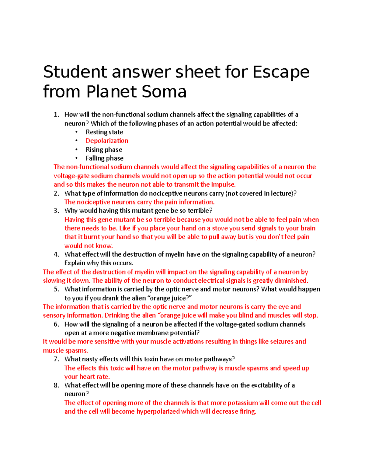 Escape from Planet Soma: Student Answer Sheet & Analysis - Studocu