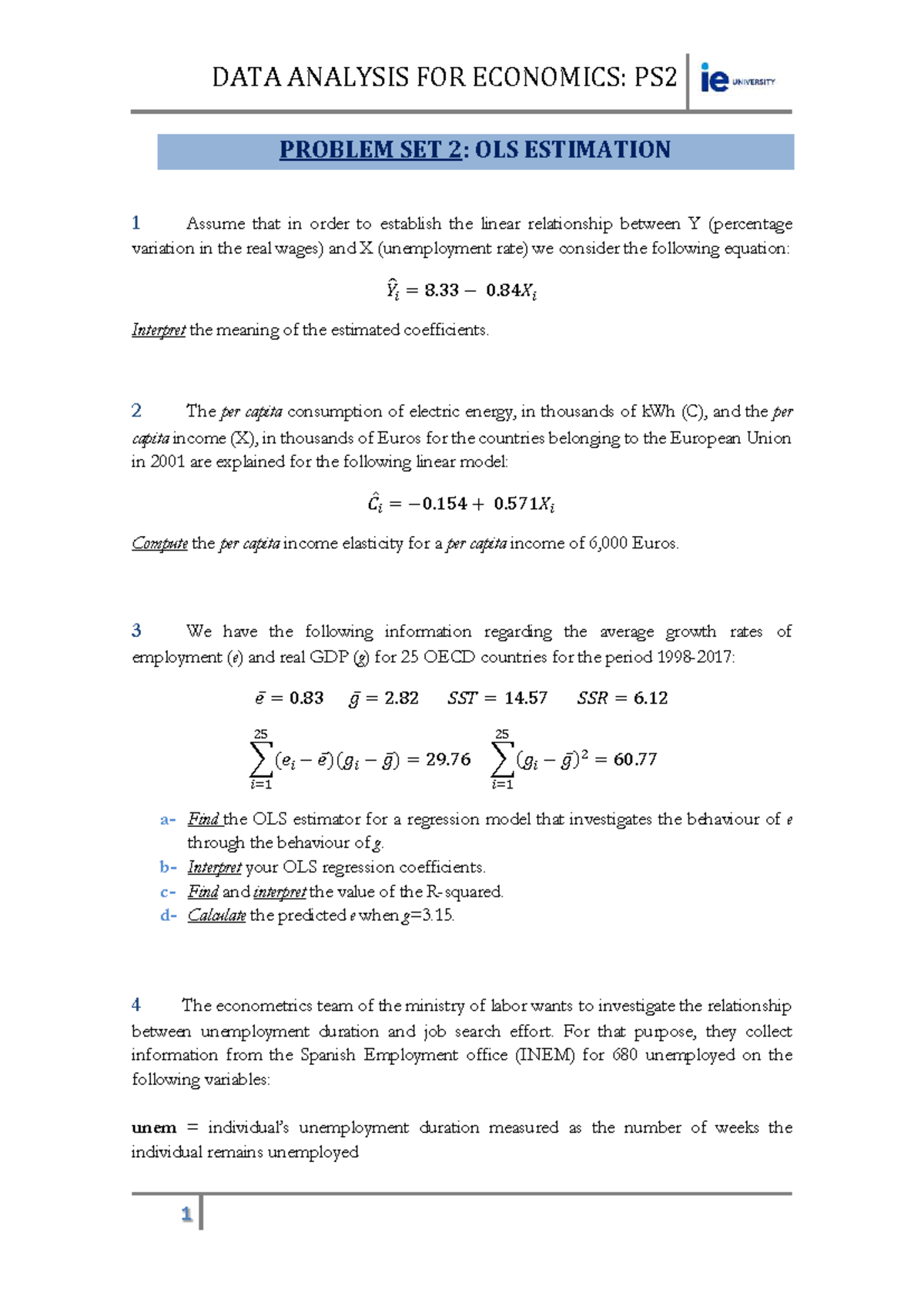 DATA ANALYSIS FOR ECONOMICS: PS2 OLS ESTIMATION PROBLEM SET 2 - Studocu