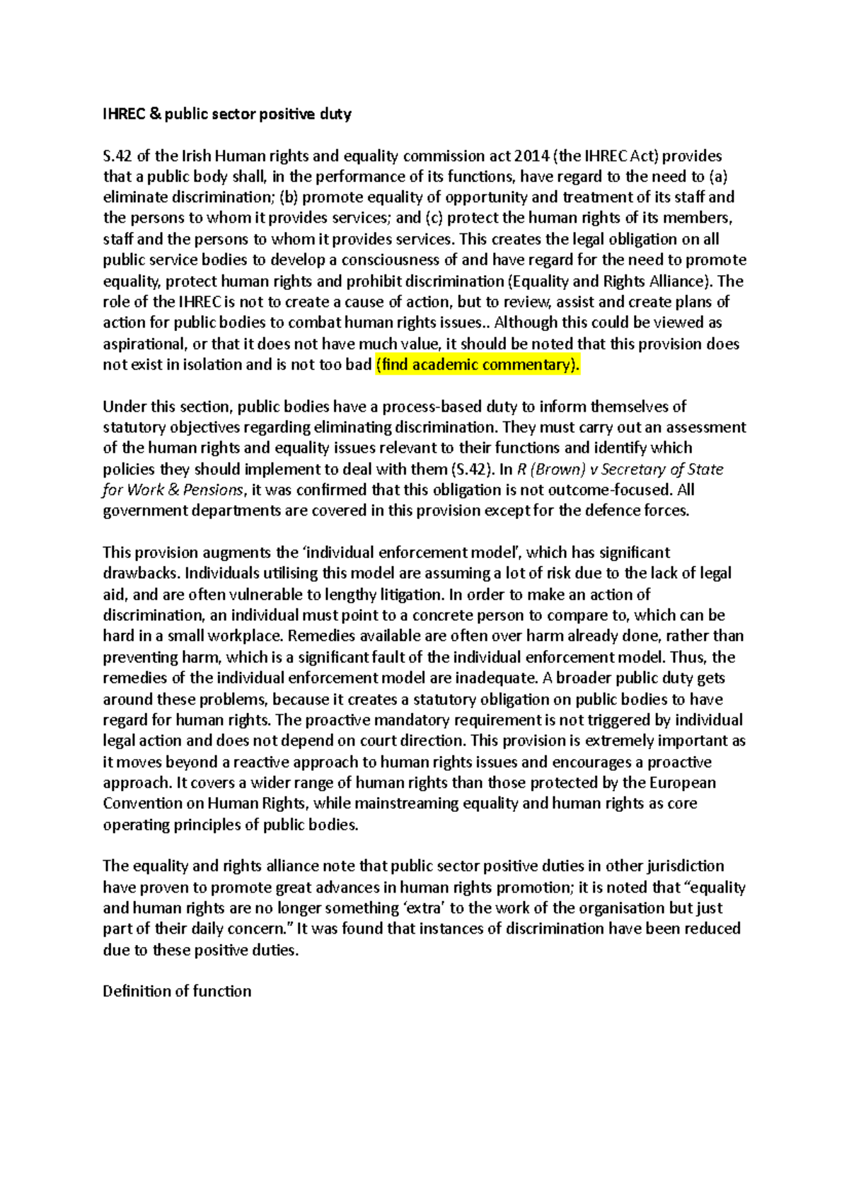 Ihrec sample answer - IHREC & public sector positive duty S of the ...