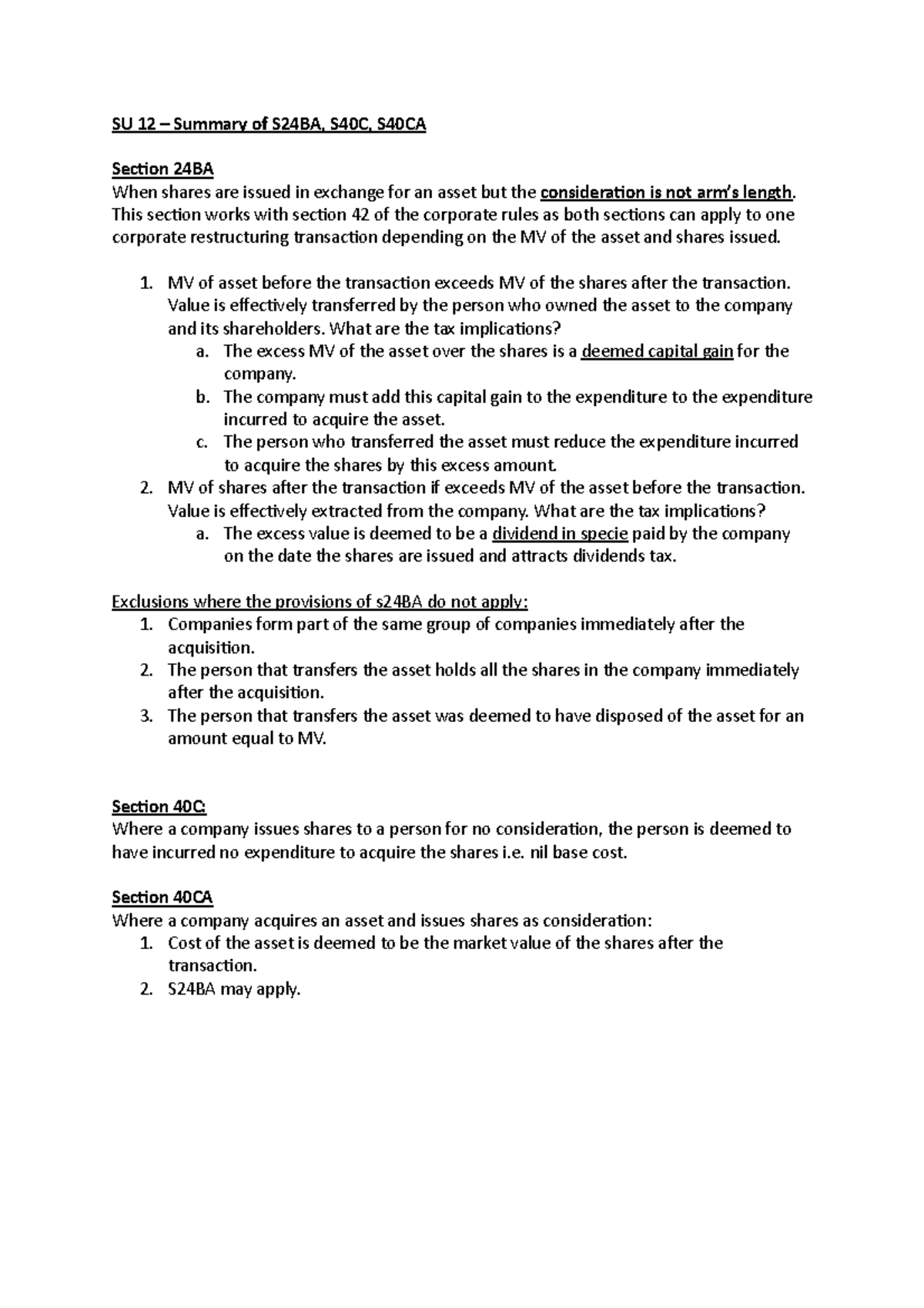 SU 12 - Summary of S24BA, S40C, S40CA Tax Implications - Studocu
