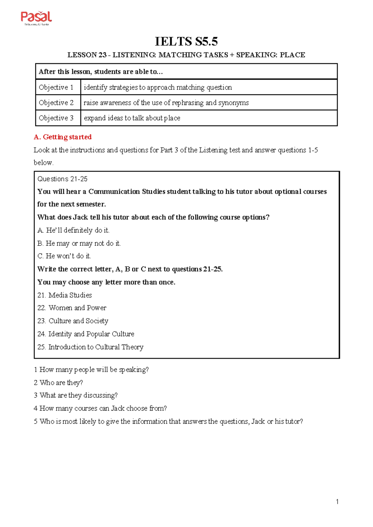 IELTS S5.5 Lesson 23: Listening Strategies for Matching Tasks - Studocu