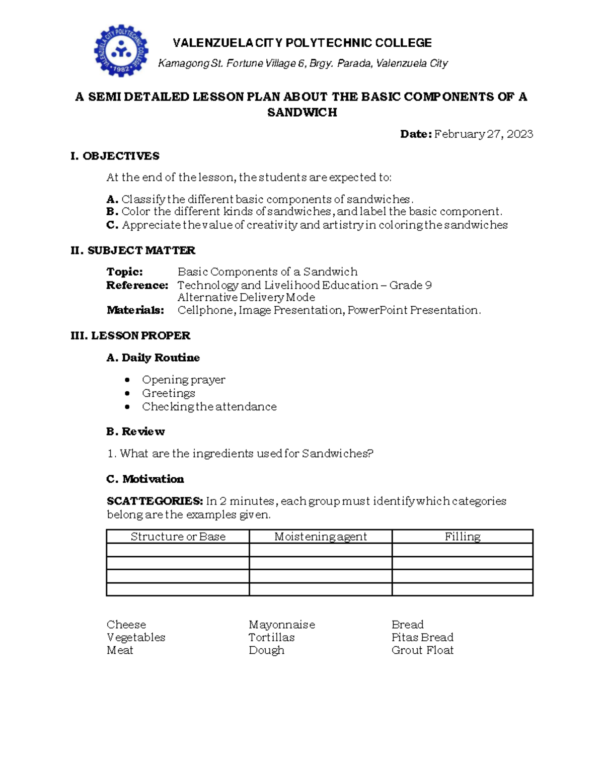 THE Basic Components OF A Sandwich - VALENZUELA CITY POLYTECHNIC ...