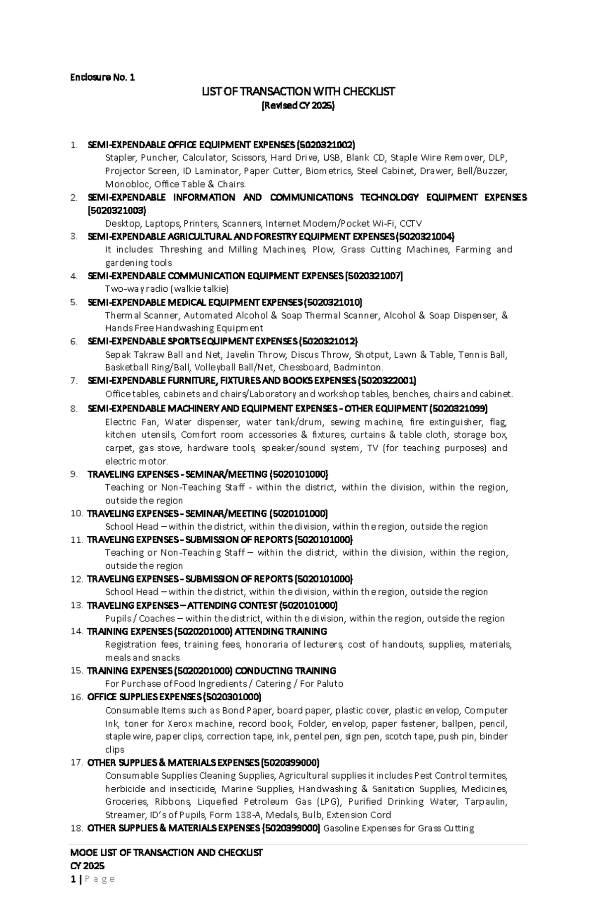 MOOE Checklist and Transaction List for CY 2025 - Studocu