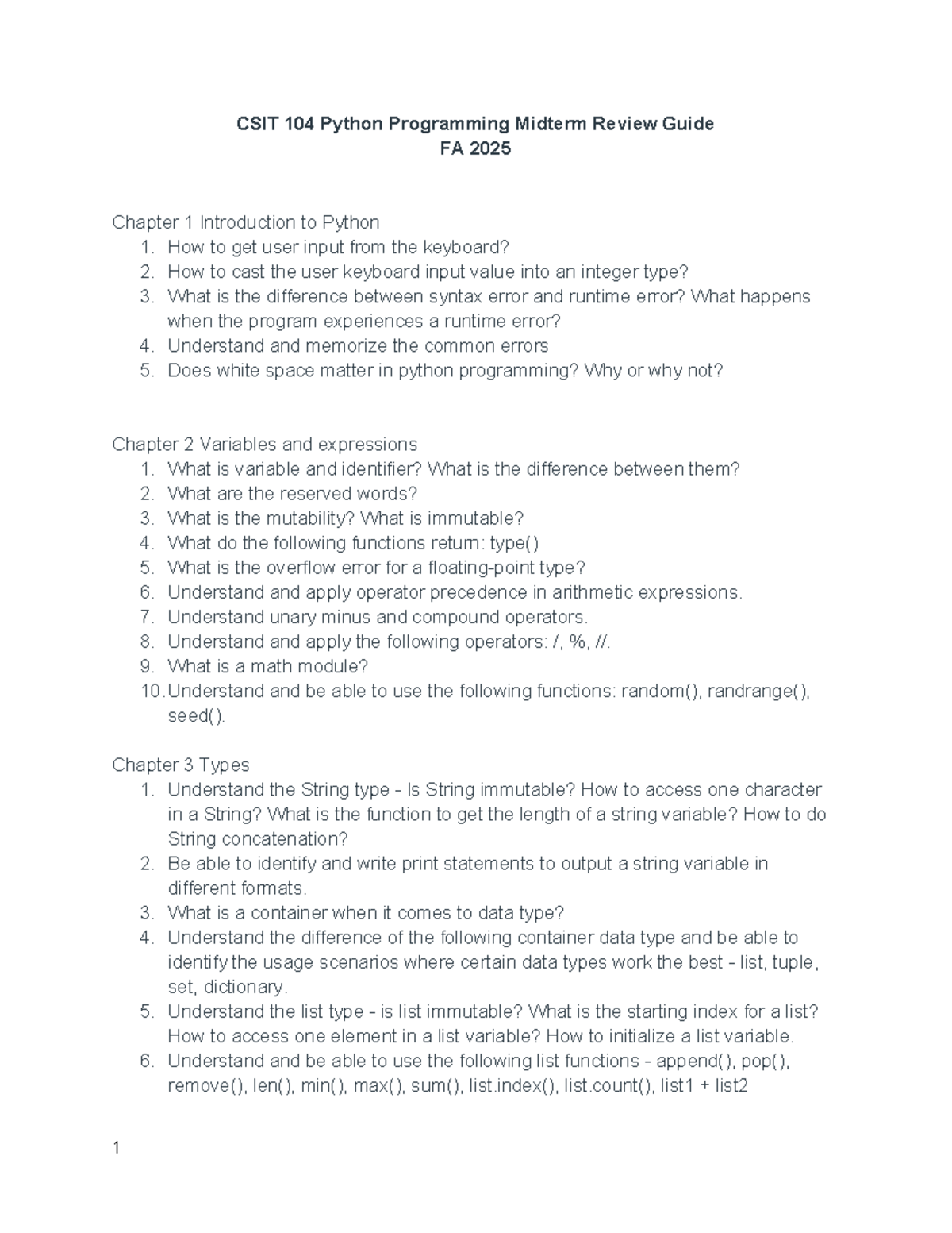 CSIT 104 Python Programming Midterm Review Guide - FA 2025 - Studocu