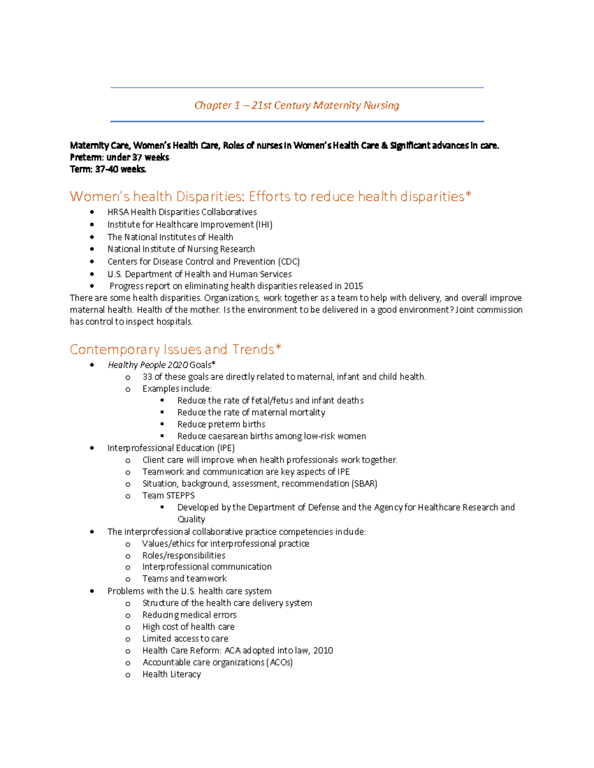 Maternity Nursing Overview: Chapter 1 & 2 Notes (NUR 101) - Studocu