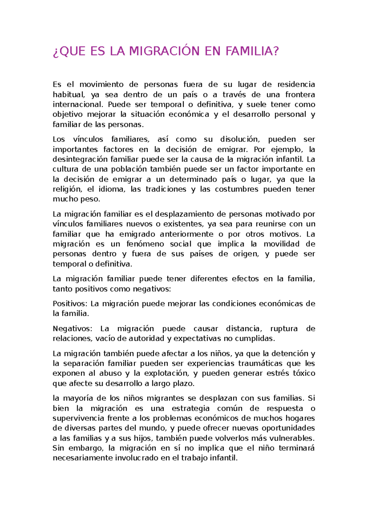 Definición de Migración Familiar: Impactos y Factores Clave - Studocu