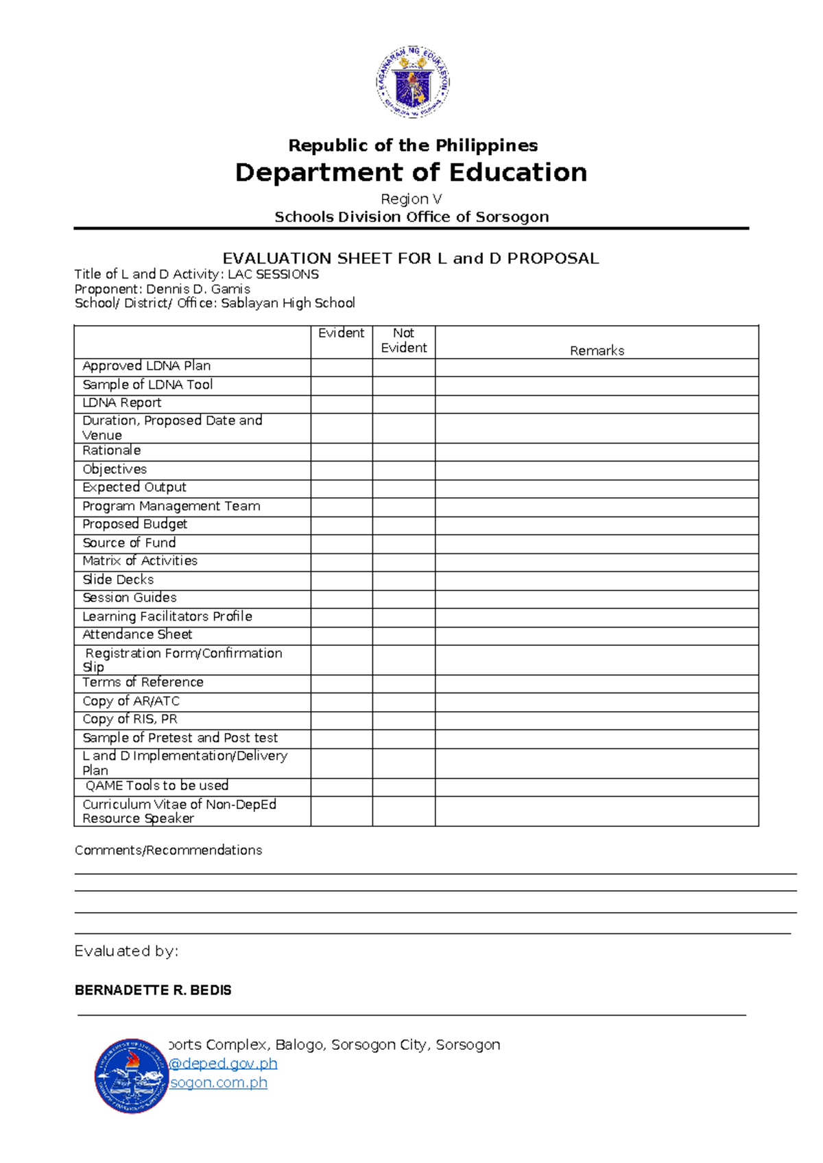 Evaluation Sheet FOR L and D Proposal - Republic of the Philippines ...