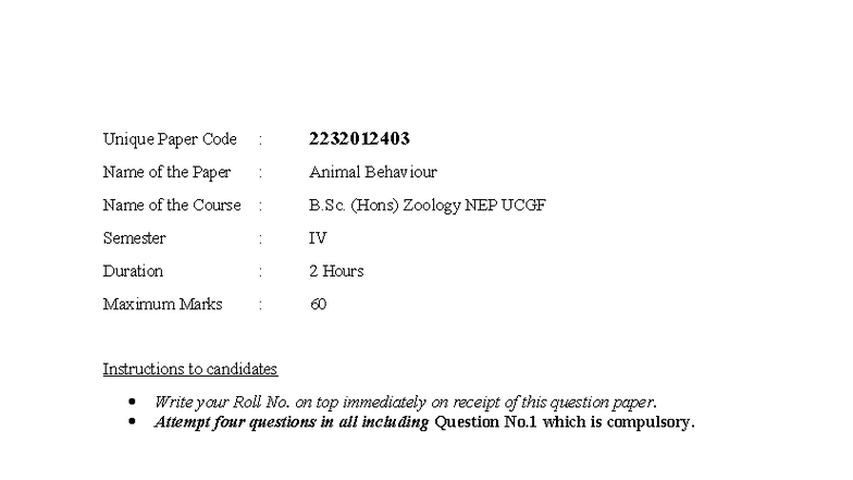Animal Behaviour Exam Paper - B.Sc. Zoology IV Sem (2232012403) - Studocu