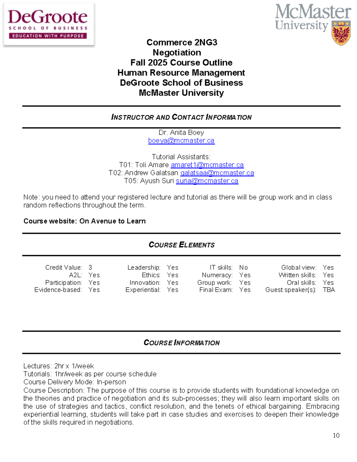 Comm 2NG3 F25 Negotiation Course Outline - Dr. Boey - Studocu