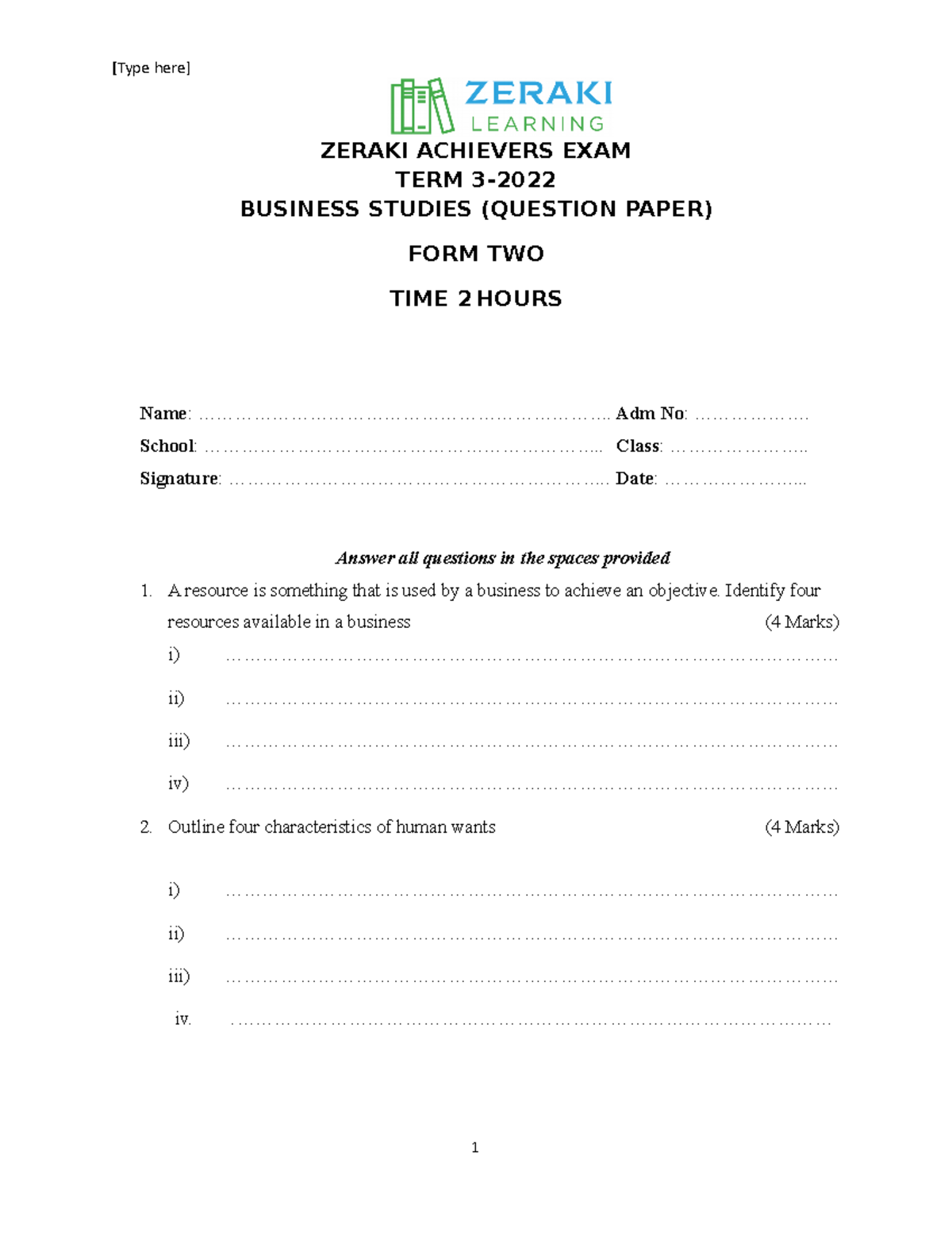 Zeraki Achievers Business Studies Exam - Term 3, Form Two - Studocu
