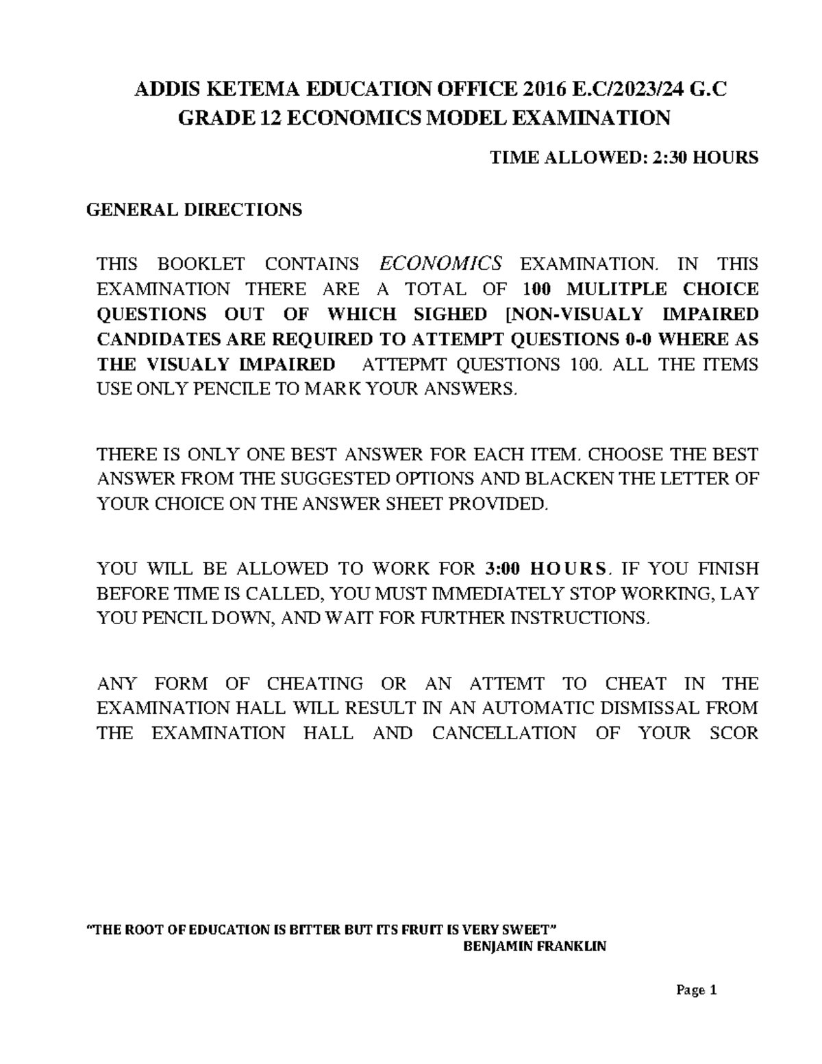 Grade 12 Economics Model Exam (G-12) - Addis Ketema 2016 - Studocu