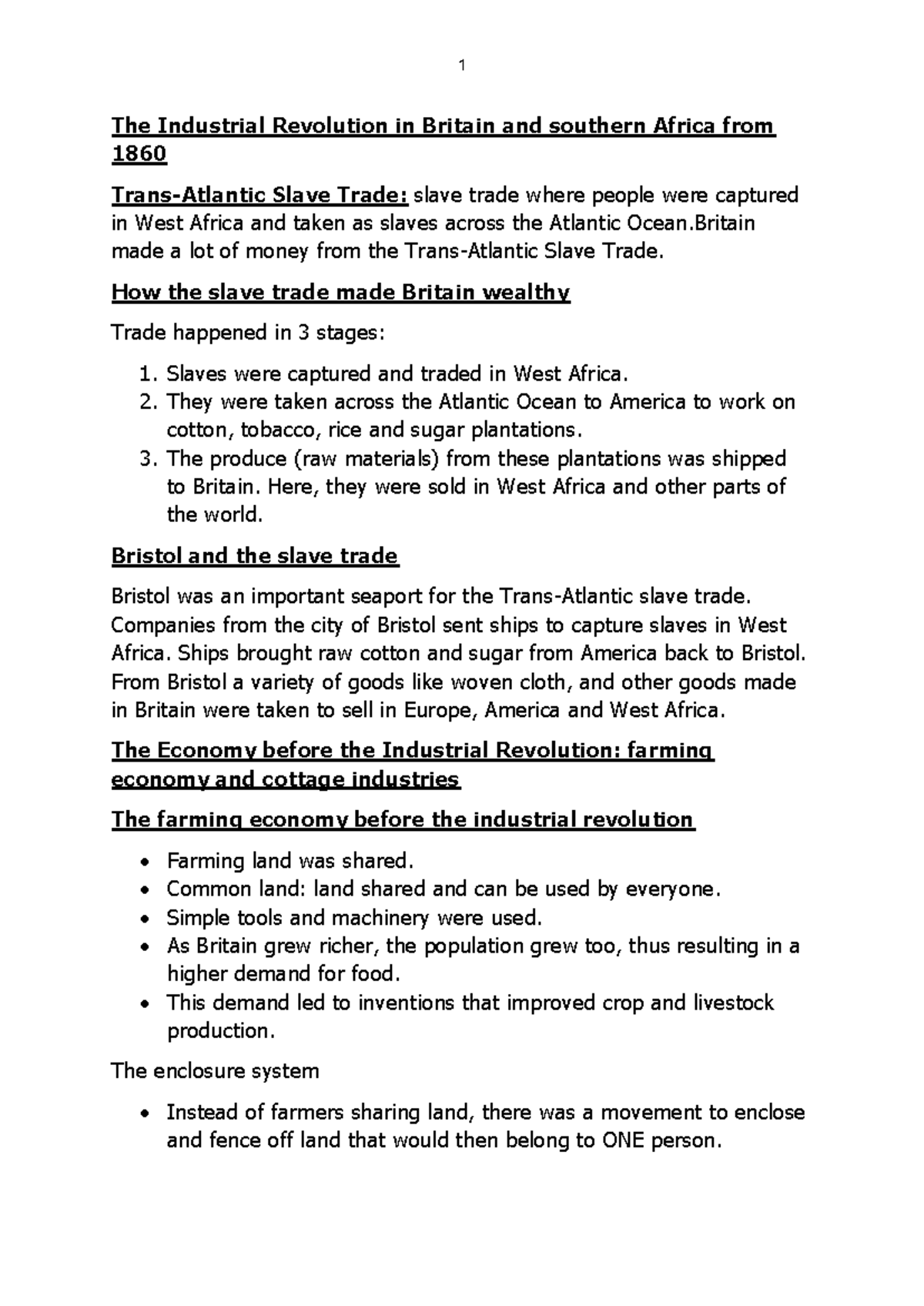 History Notes: The Industrial Revolution & Slave Trade (Grade 8 Term 1 ...