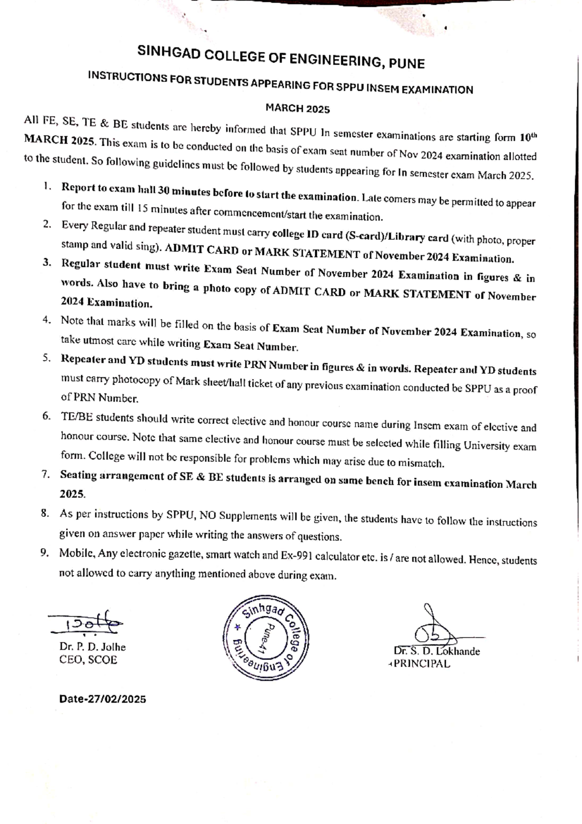 SPPU Insem Exam Instructions for Students - March 2025 Guidelines - Studocu