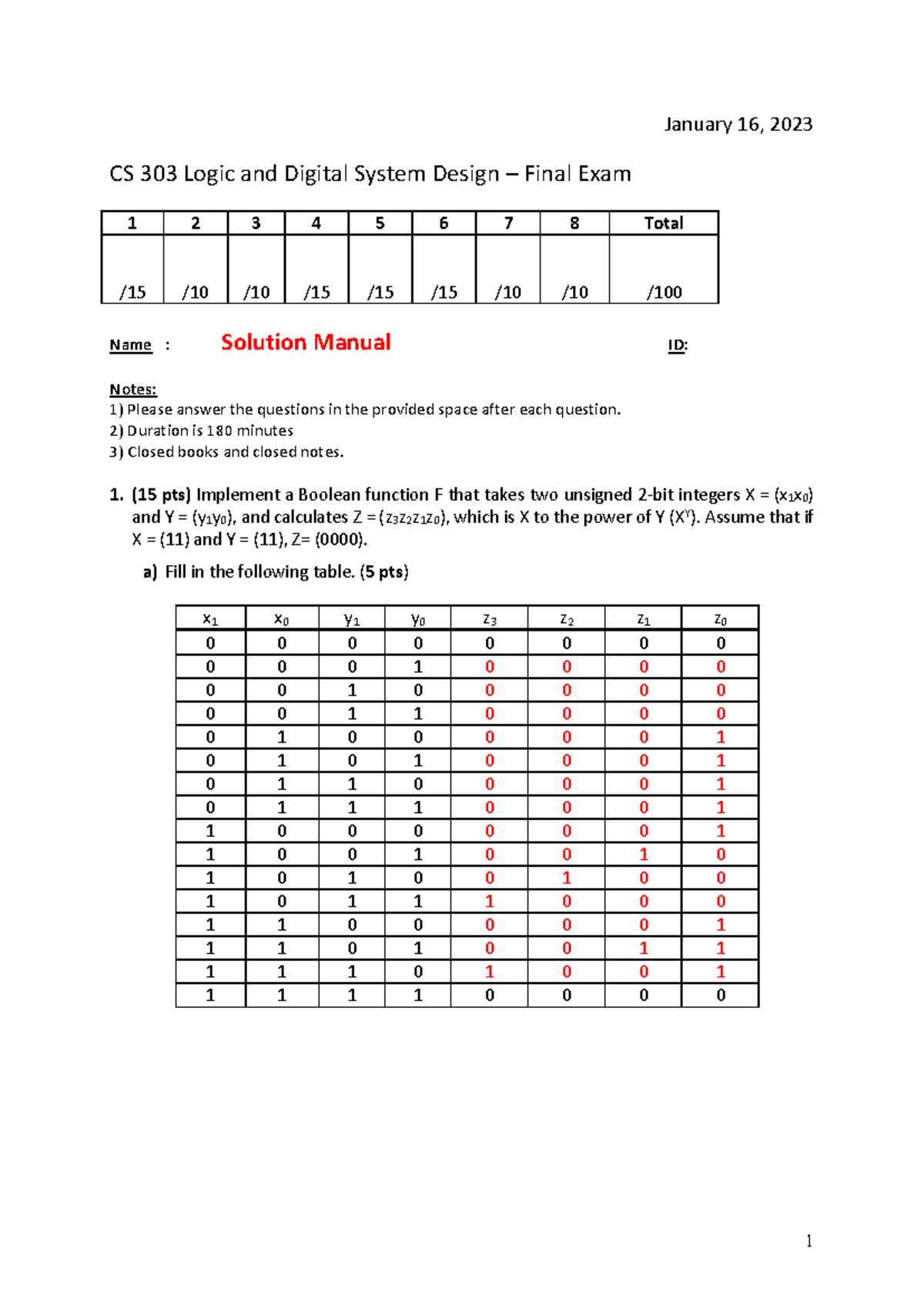 CS 303 Logic and Digital System Design Final Exam Solutions - Studocu