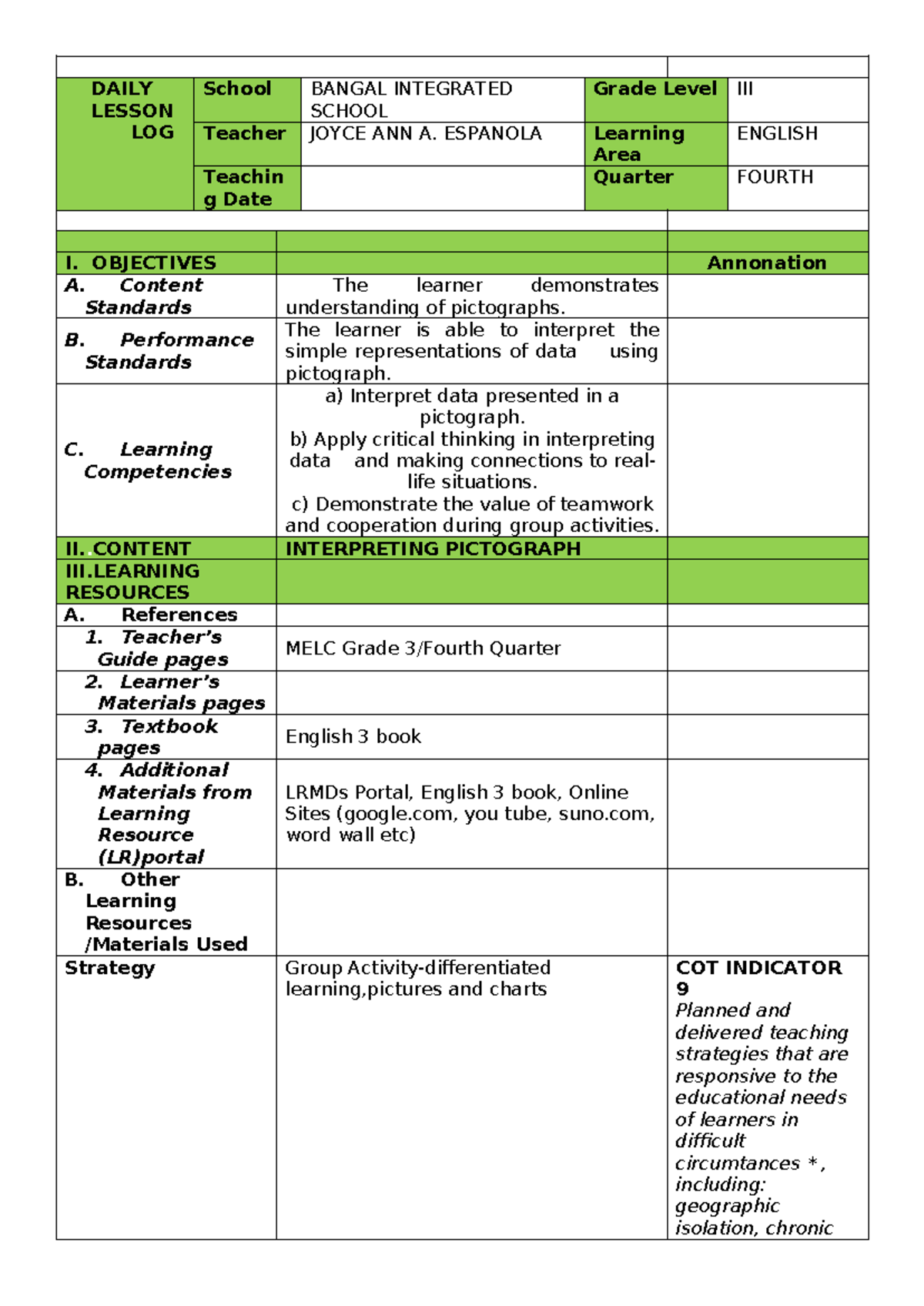 DAILY LESSON LOG: Interpreting Pictographs - English 3 COT - Studocu