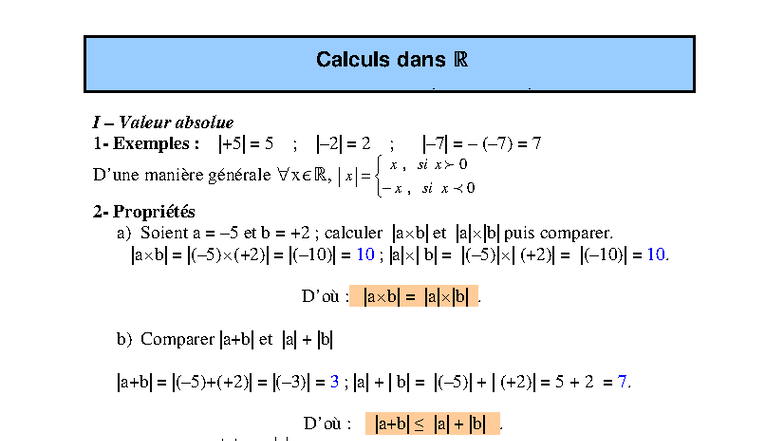 Calculs dans ℝ : Valeurs Absolues et Distances - MathsTICE - Studocu