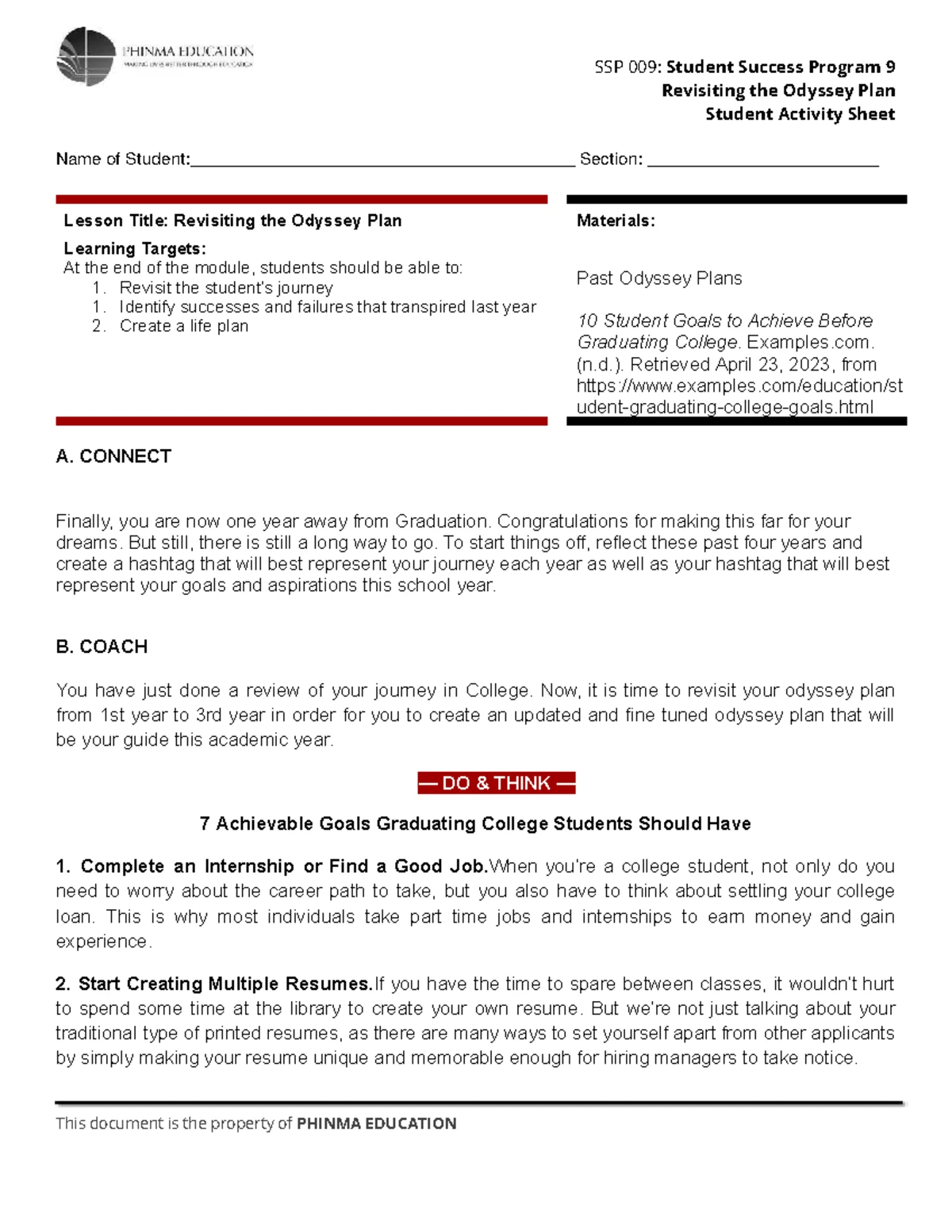 SSP 007: Revisiting the Odyssey Plan - Student Activity Sheet - Studocu