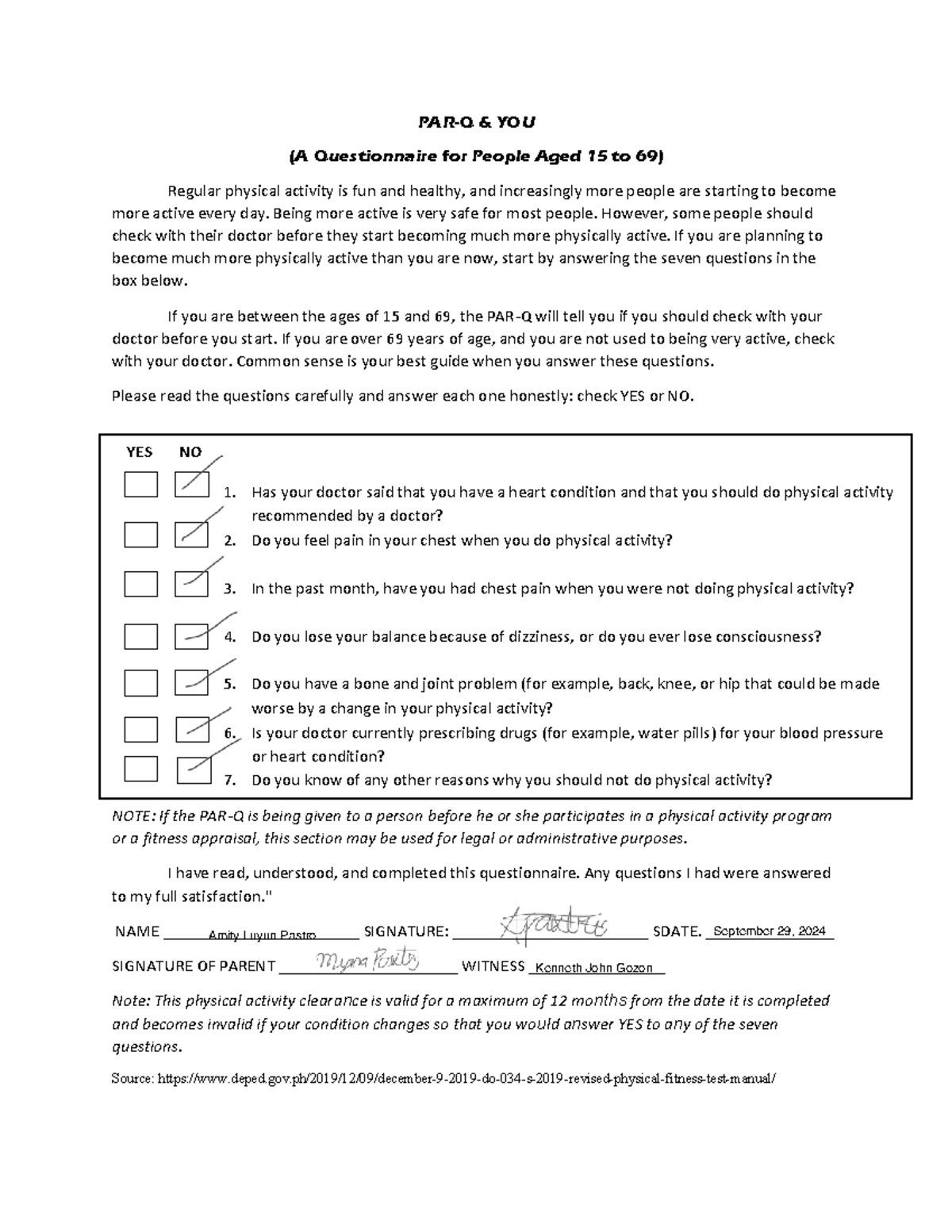 PAR-Q Questionnaire: Assessing Fitness Readiness for Ages 15-69 - Studocu