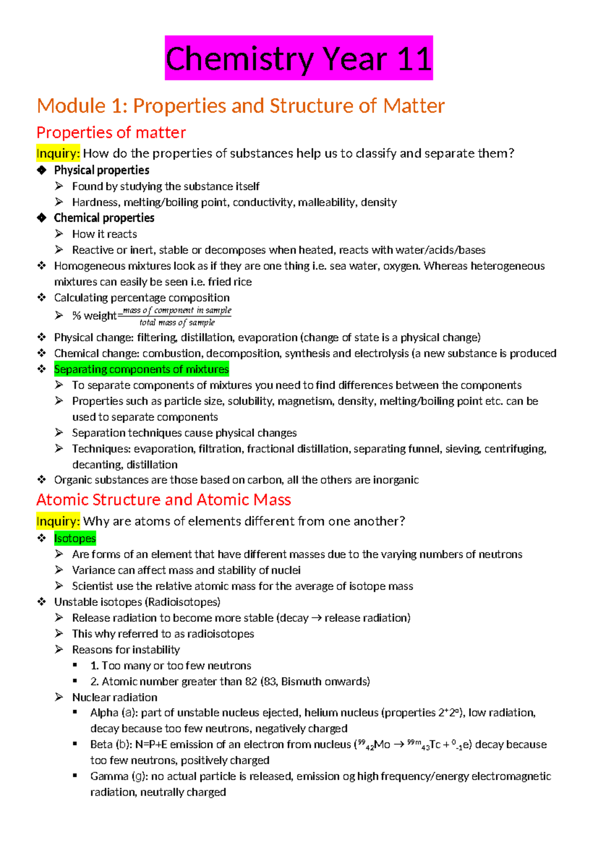 Chemistry Year 11 Module 1: Properties & Structure of Matter Summary ...