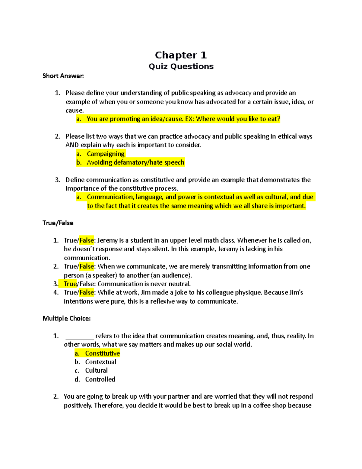 Chapters 1, 2, and 3 Public Speaking Introductions - Chapter 1 Quiz ...