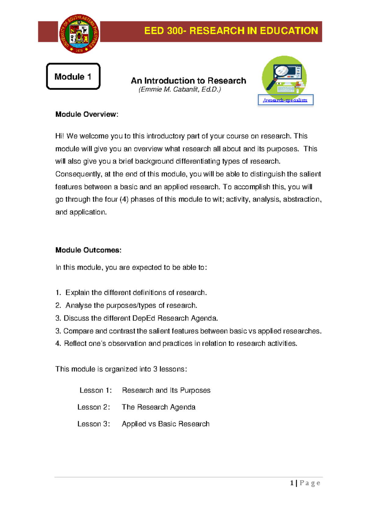 Module 1: Intro to Research - Purposes, Types, & DepEd Agenda - Studocu