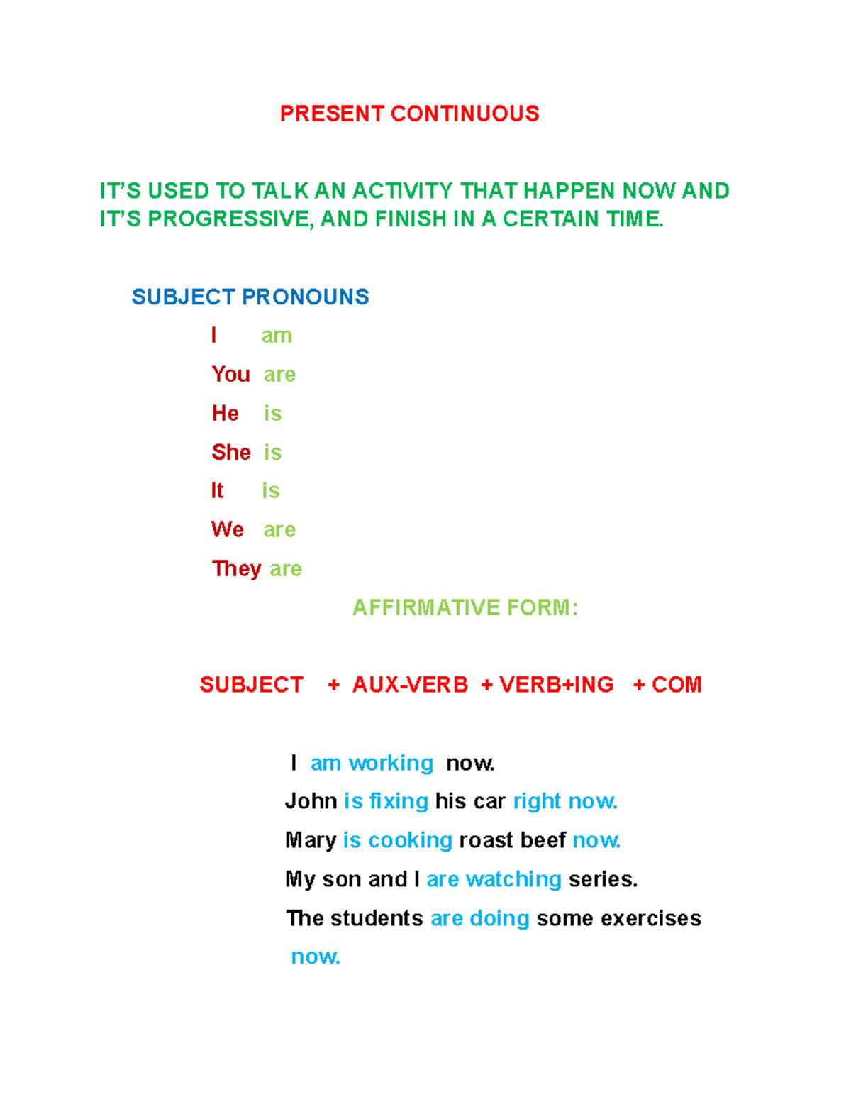 Present Continuous: Usage and Examples - GCTCTCT - Studocu