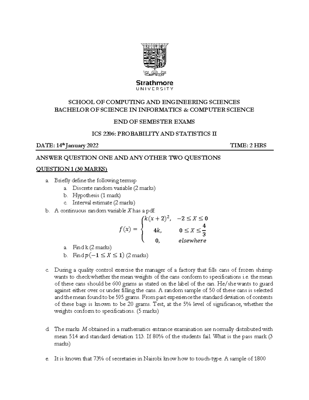 ICS 2206 - Probability & Statistics II - January 2022 FT - SCHOOL OF ...