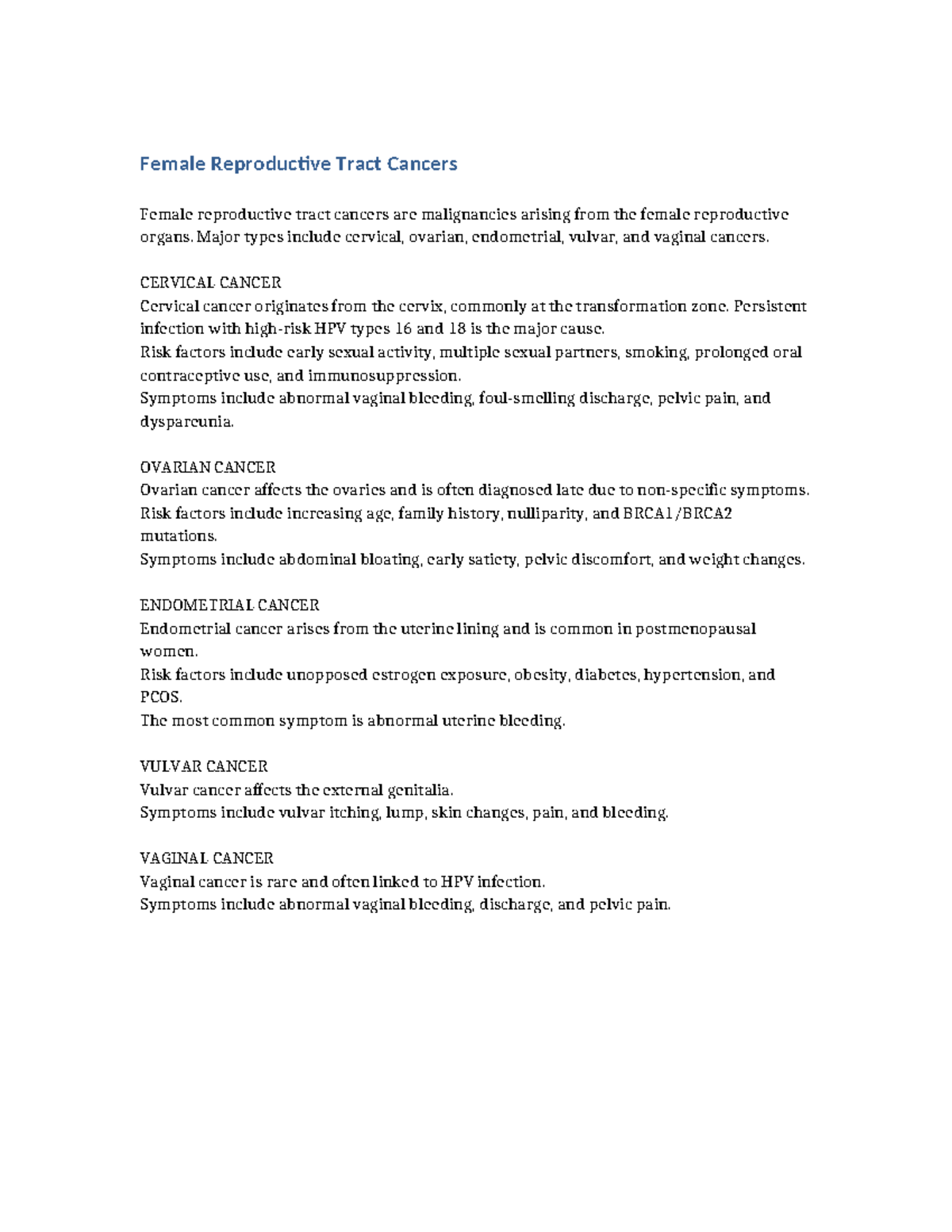 CANC 101: Overview of Female Reproductive Tract Cancers - Studocu