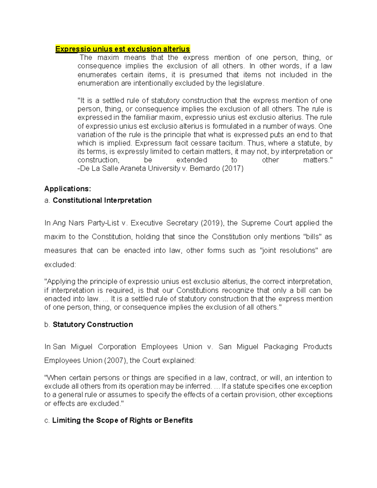 Statutory Construction Notes (August 7-8) - Expressio Unius Est ...