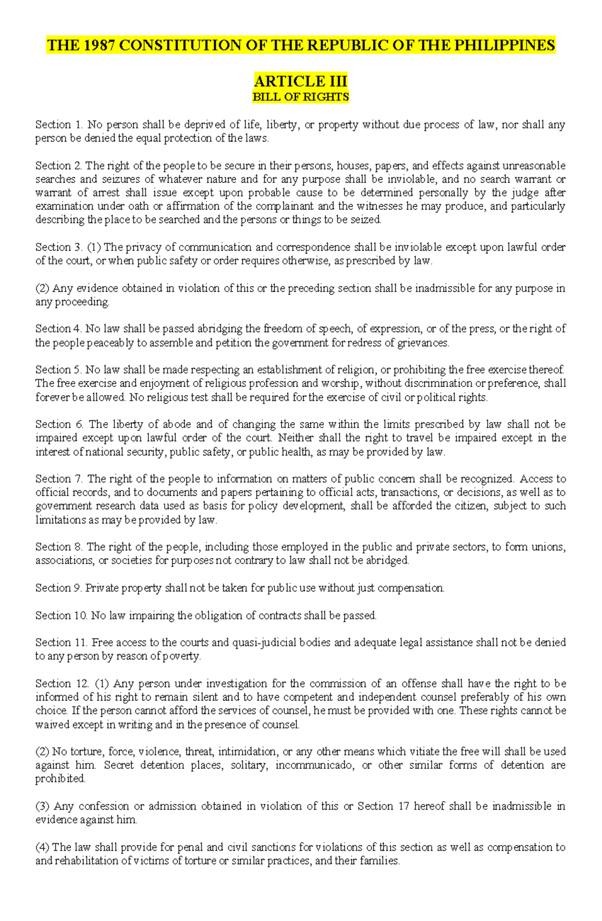 ARTICLE lll BILL OF RIGHTS - THE 1987 CONSTITUTION OF THE REPUBLIC OF ...