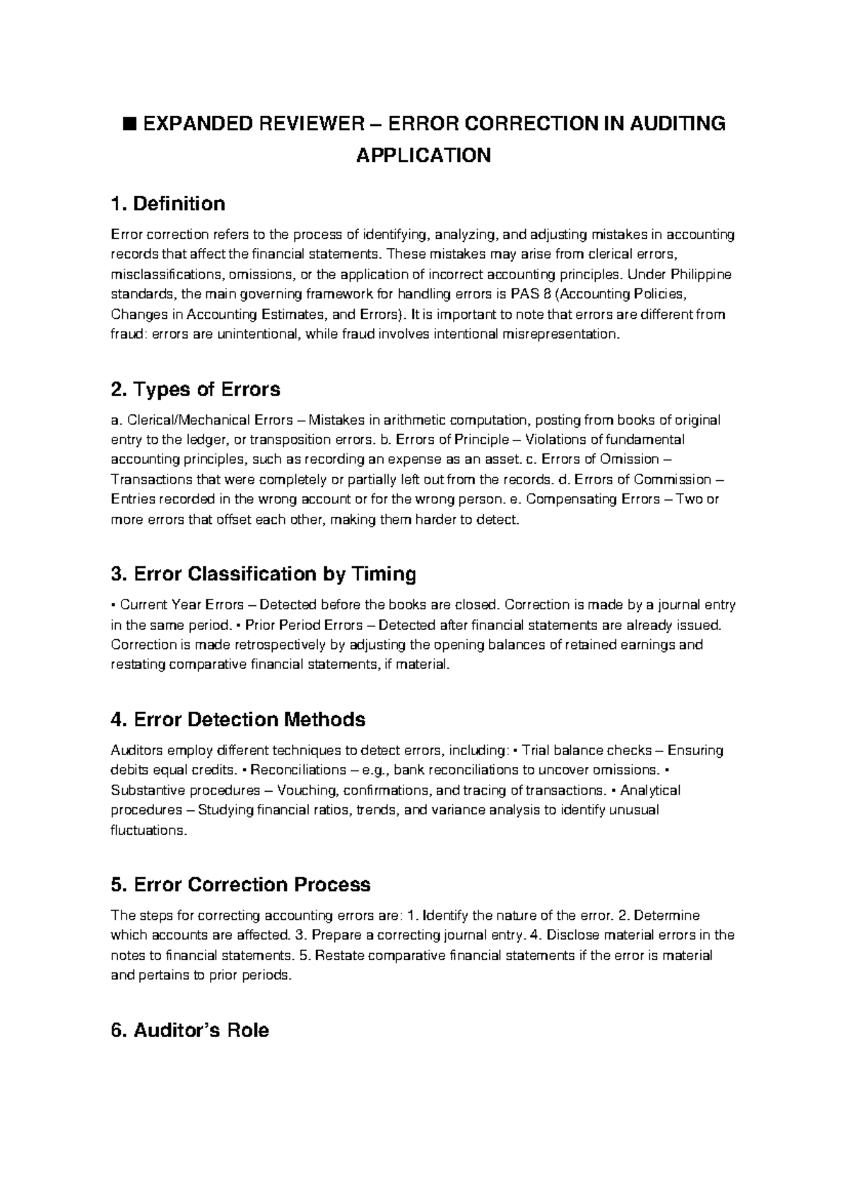 Error Correction in Auditing: Expanded Reviewer (ACCT 101) - Studocu