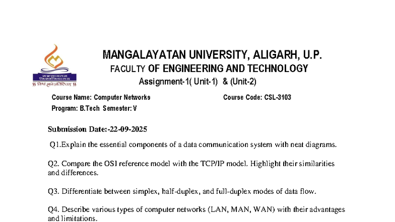Computer Networks CSL-3103 B: Essential Components & Models Explained - Studocu