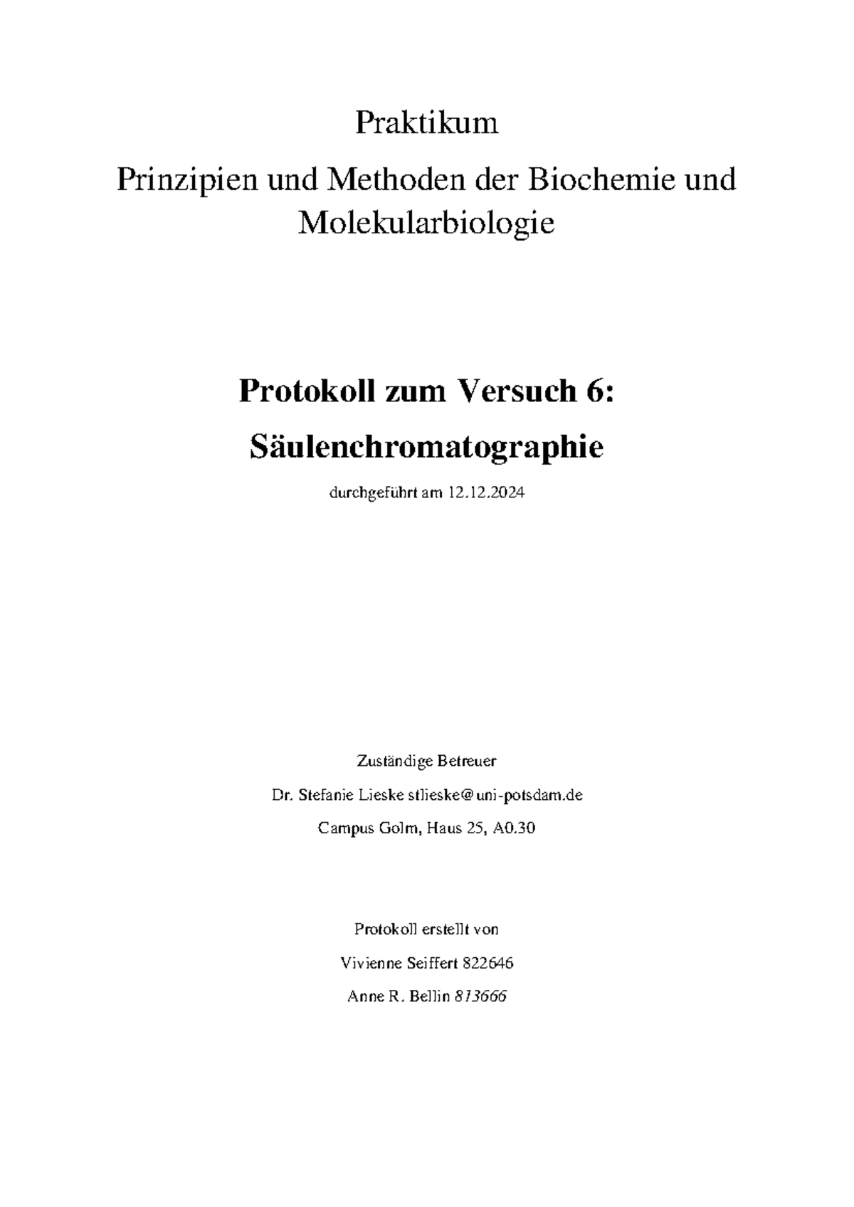 V6 Praktikum Prinzipien und Methoden der Biochemie und ...