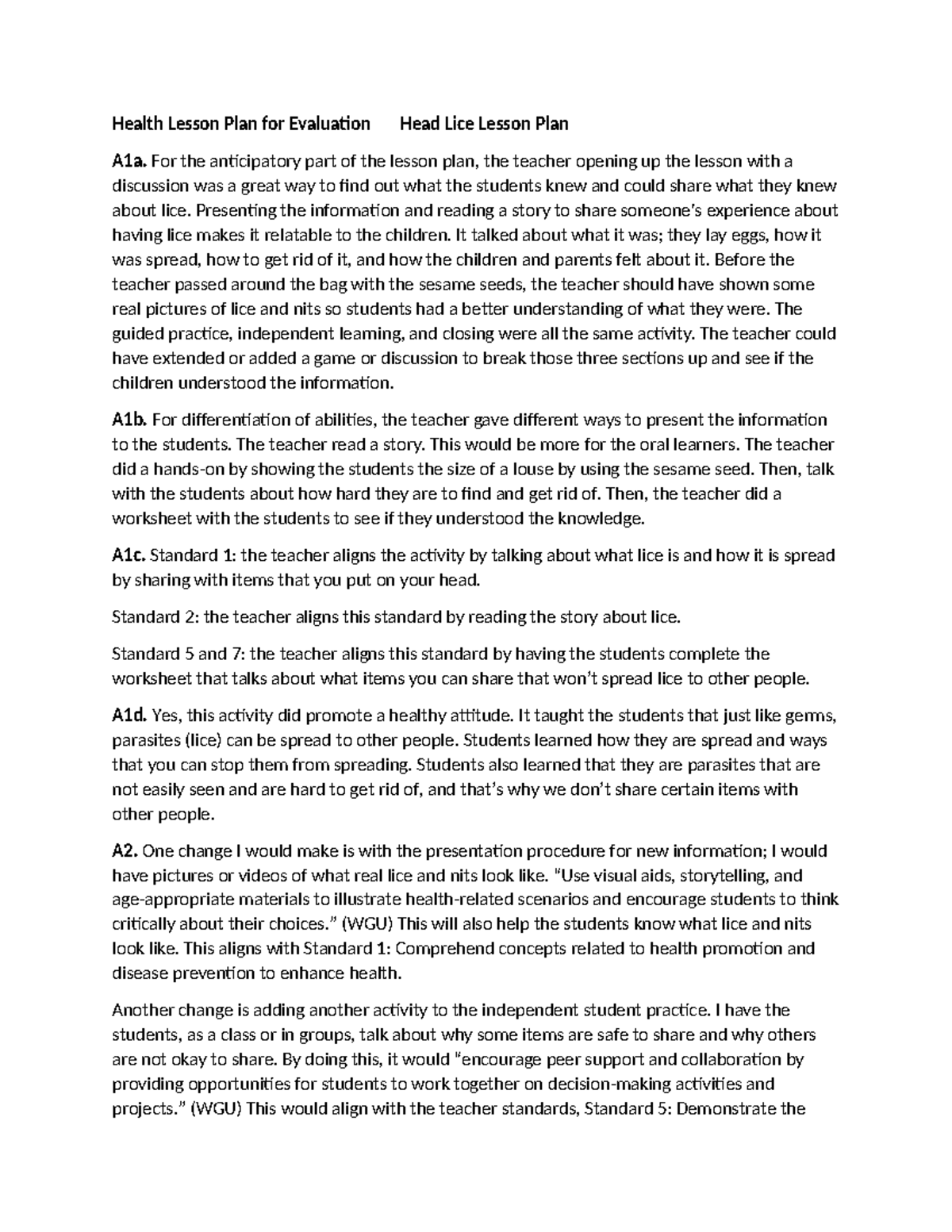 Physical and health lesson plan - Health Lesson Plan for Evaluation ...