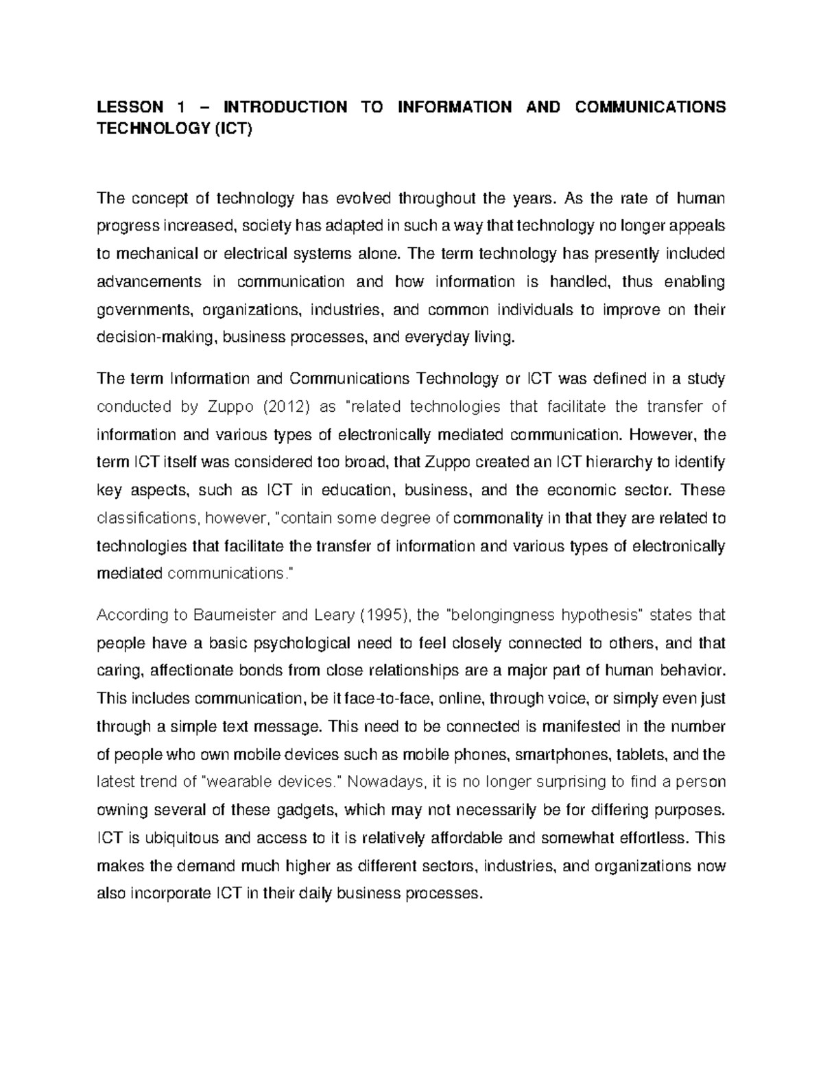 Lesson 1: Intro to Information & Communications Technology (ICT) - Studocu