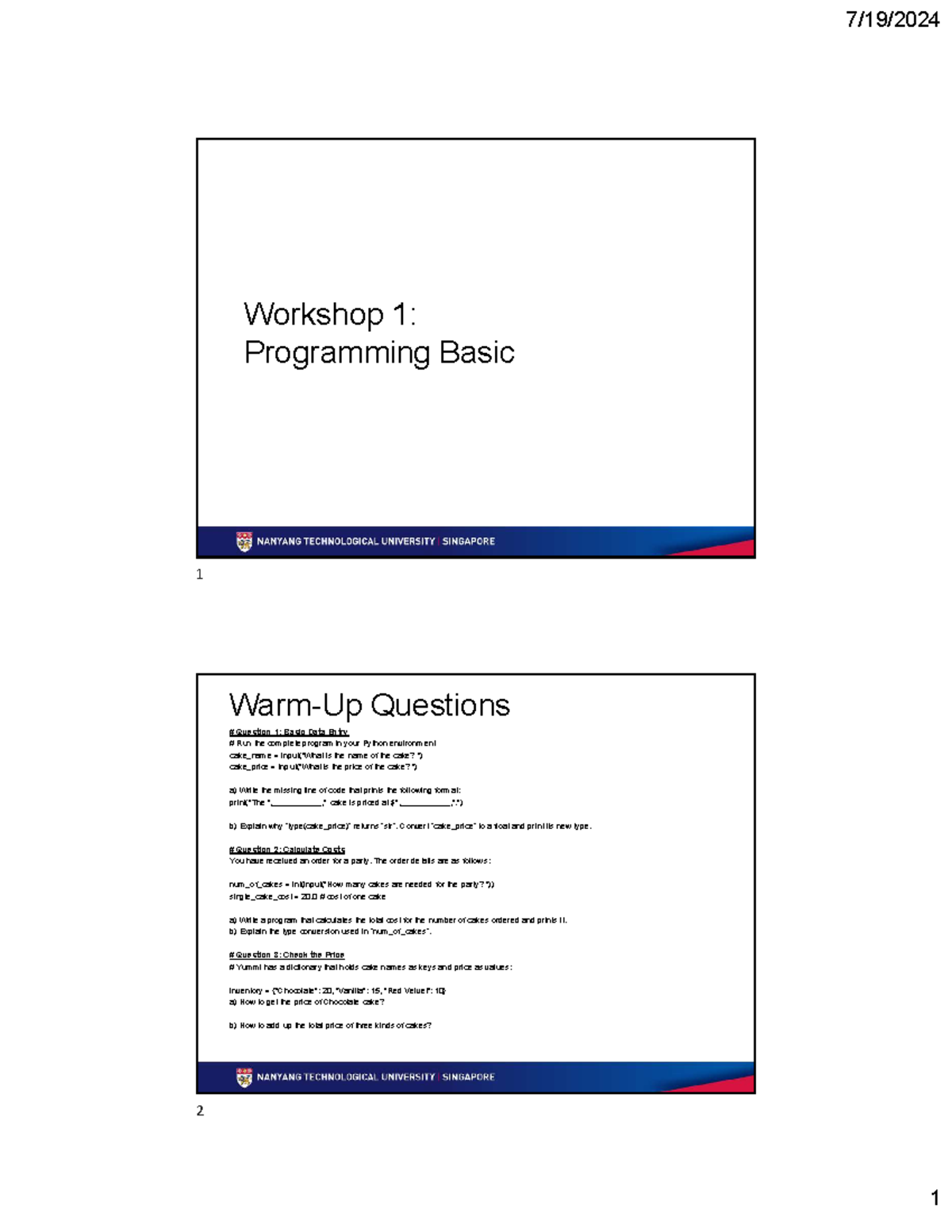 S01 Workshop: Basic Programming Questions and Exercises - Studocu