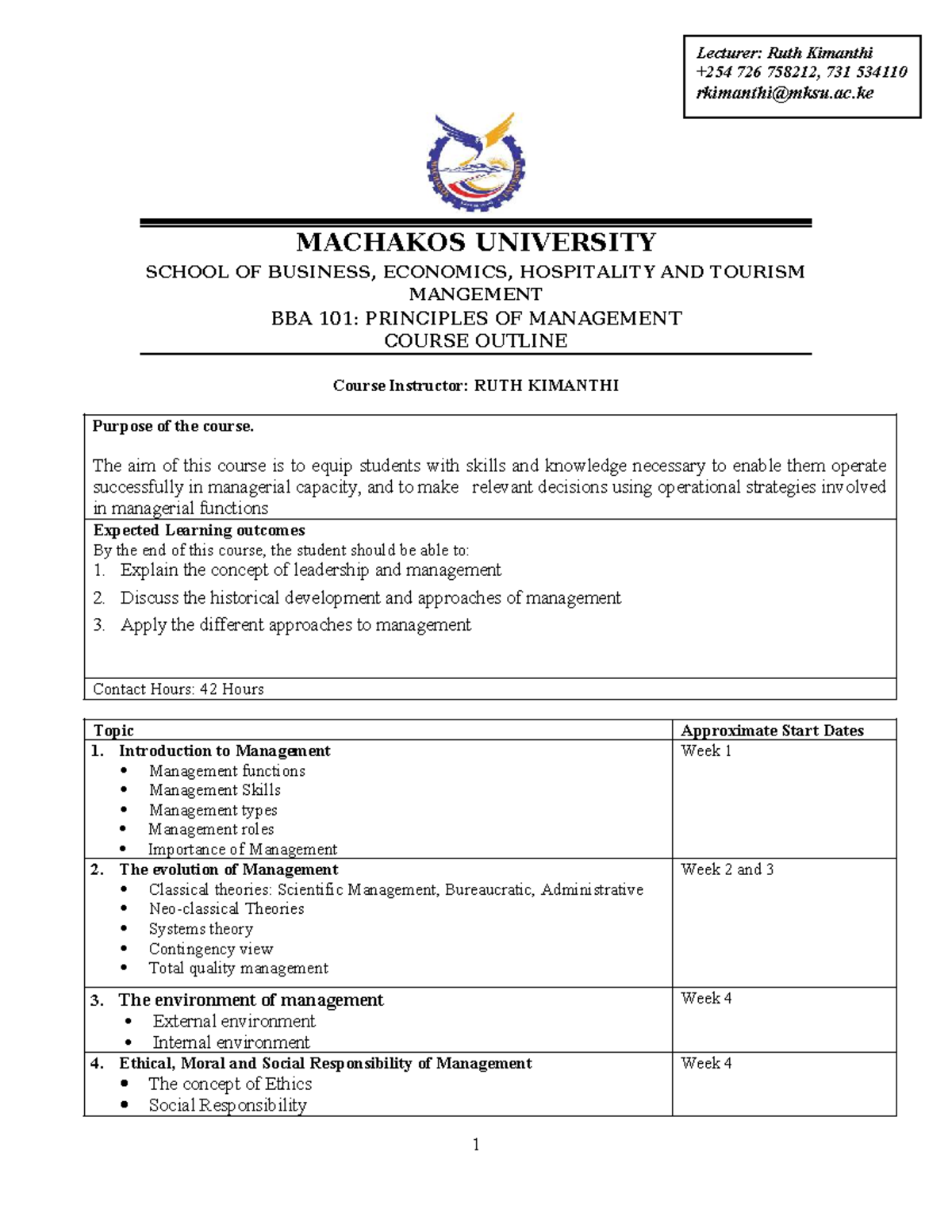 BBA 101: Principles of Management Course Outline by Ruth Kimanthi - Studocu