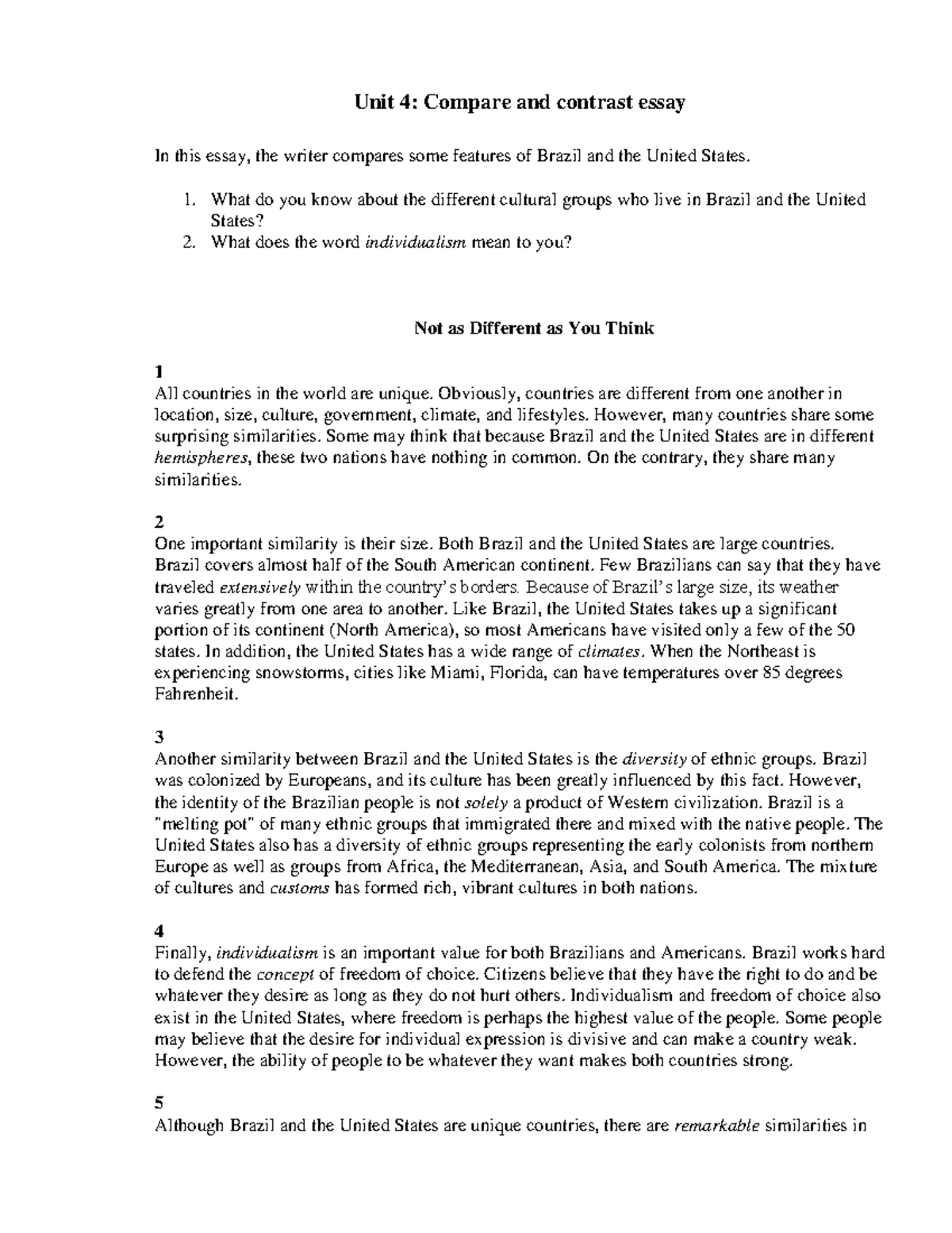 HW - Unit 4: Compare and Contrast Essay on Brazil & USA - Studocu