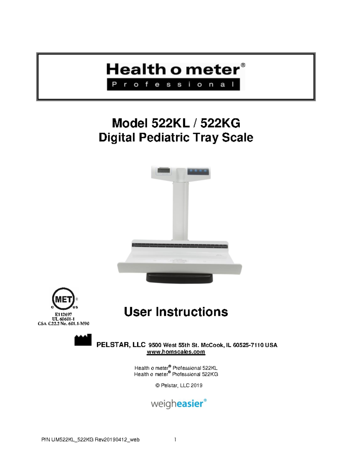 User Instructions for Health o meter Professional Scale Model 522KL ...