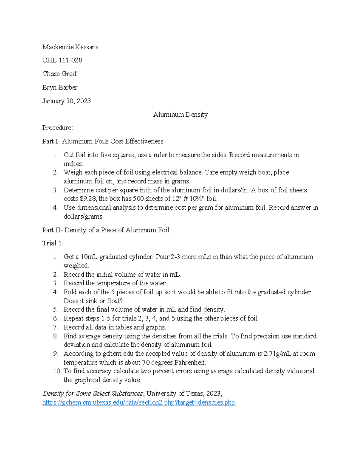 3 Kessans Mackenzie - report - Mackenzie Kessans CHE 111- Chase Greif ...