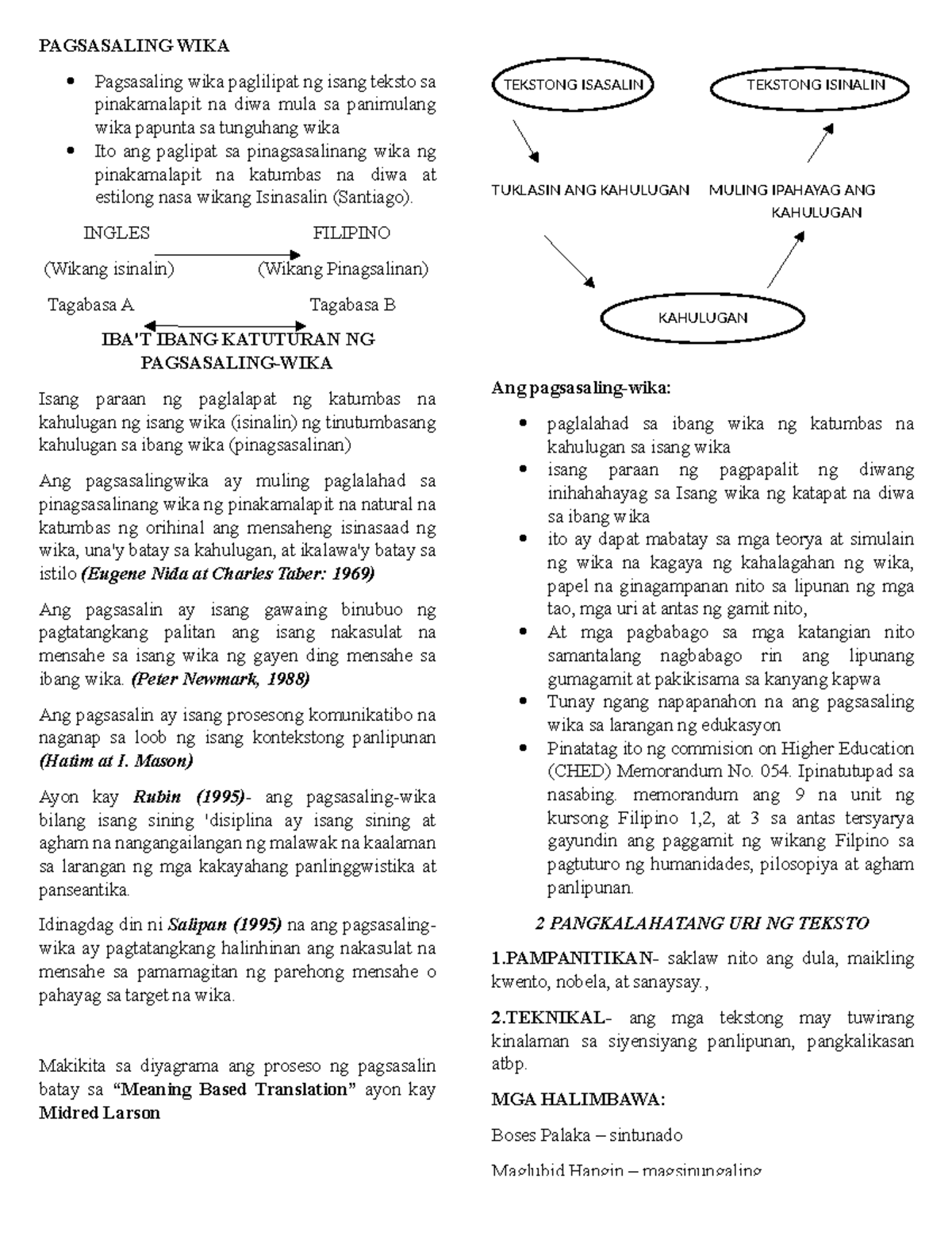 Lessons Pagsasaling WIKA - PAGSASALING WIKA Pagsasaling wika paglilipat ng isang teksto sa - Studocu