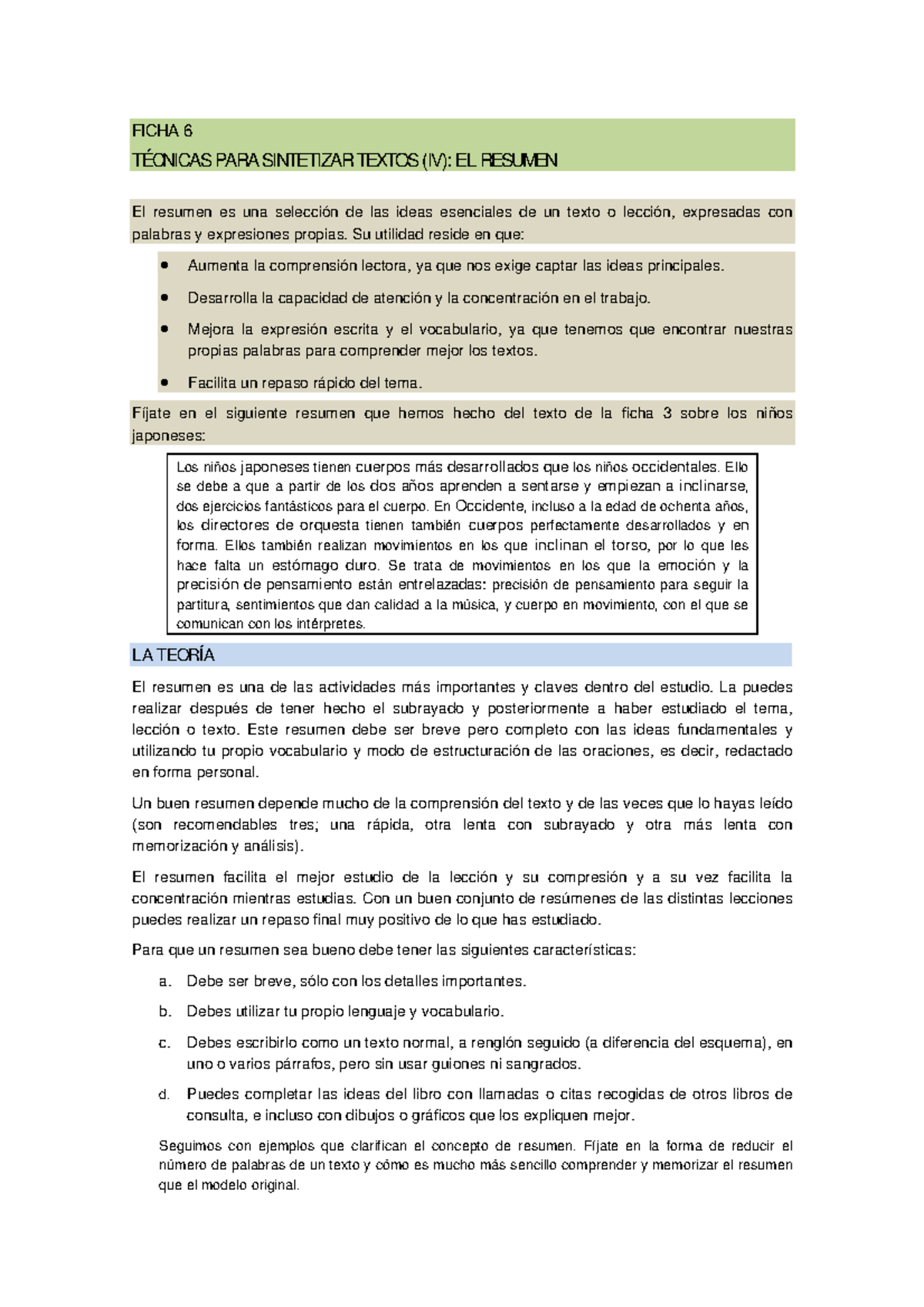 FICHA 6: TÉCNICAS PARA SINTETIZAR TEXTOS - EL RESUMEN - Studocu